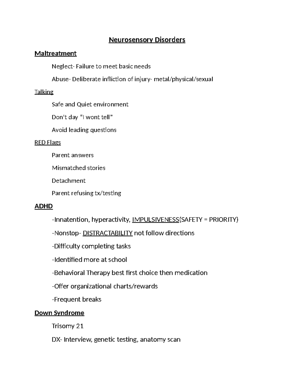 Neuro Notes - Neurosensory Disorders Maltreatment Neglect- Failure to ...