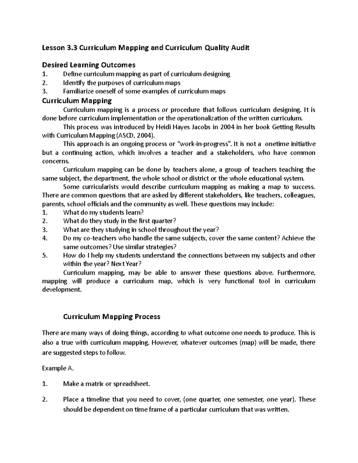 Soft copy edited - summay of curriculum mapping and curriculum ...