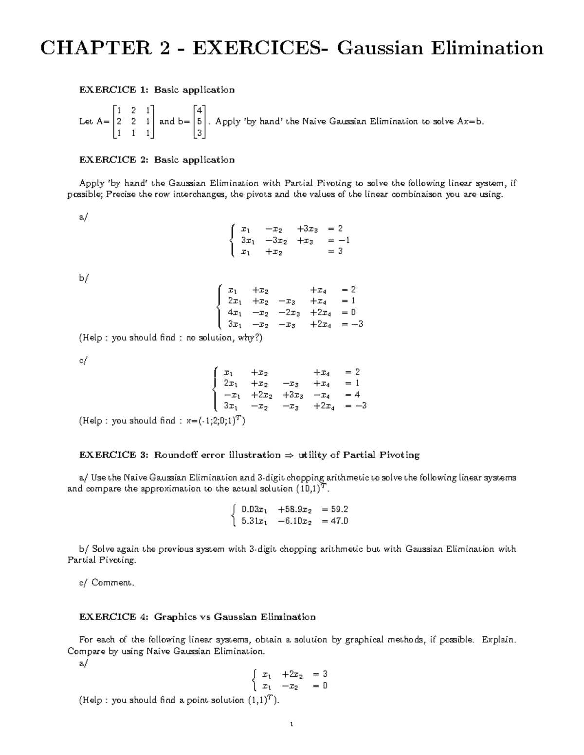 Chapter 2-1 GE - Gaussian Elimination questions - CHAPTER 2 - EXERCICES- Gaussian Elimination ...