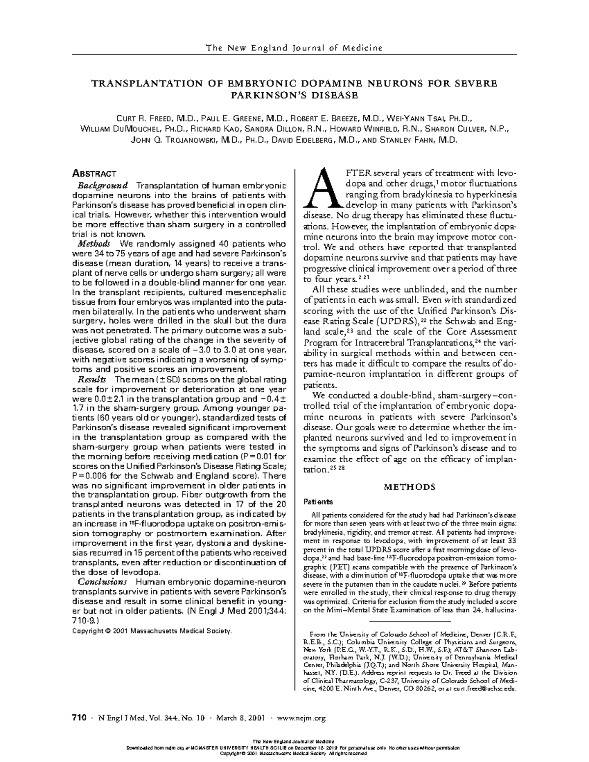 Lifesci 3k03 Assignment 1 Paper 710 · N Engl J Med Vol 344 No 10 · March 8 2001 · Nejm