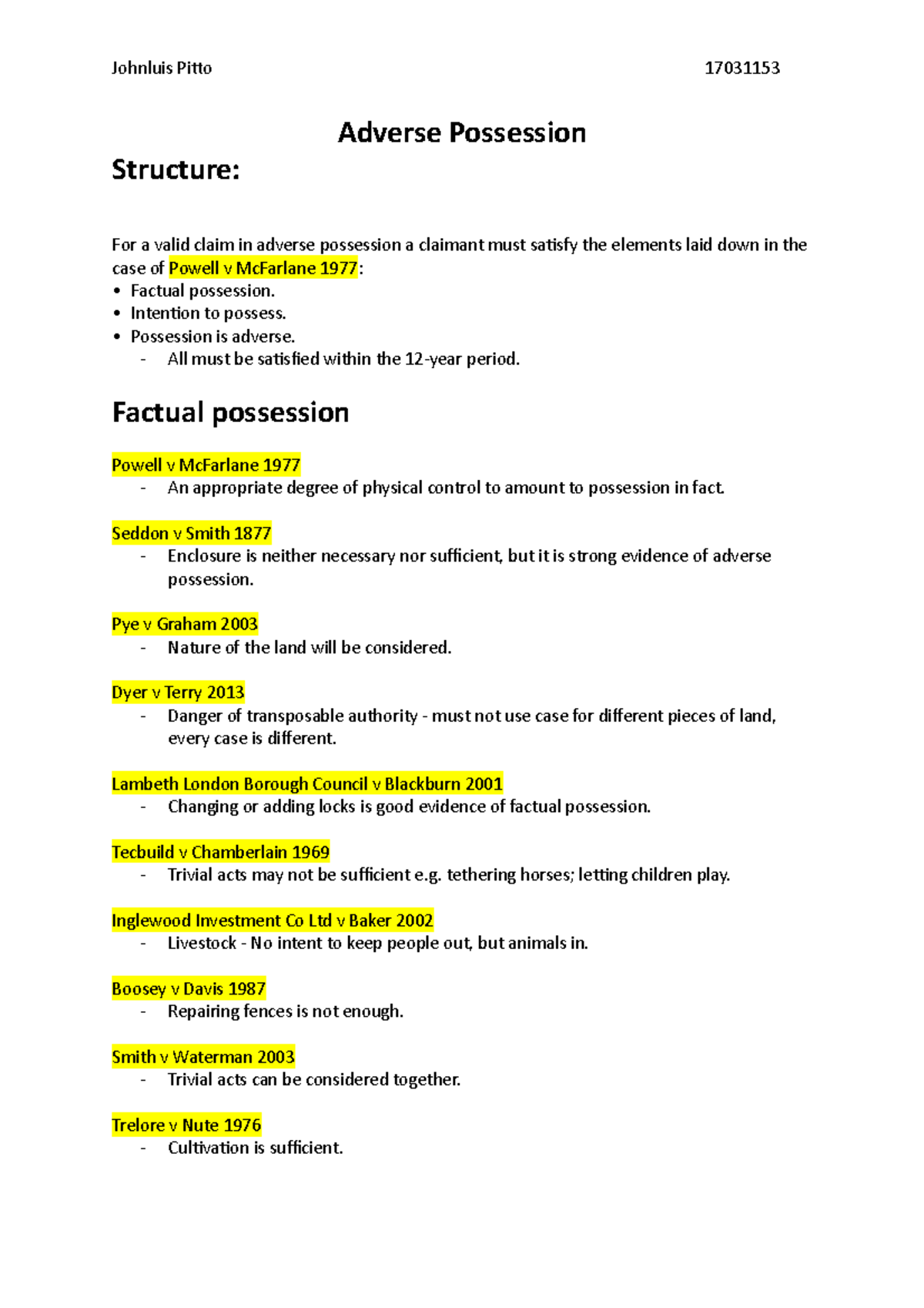 Adverse Possession Exam Notes - Adverse Possession Structure: For a ...