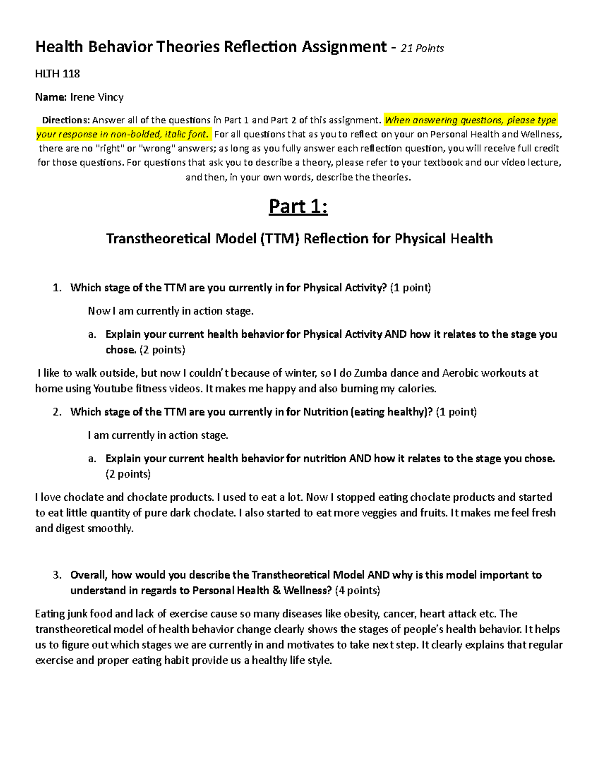 Health Behavior Theories Reflection Assignment - When answering ...