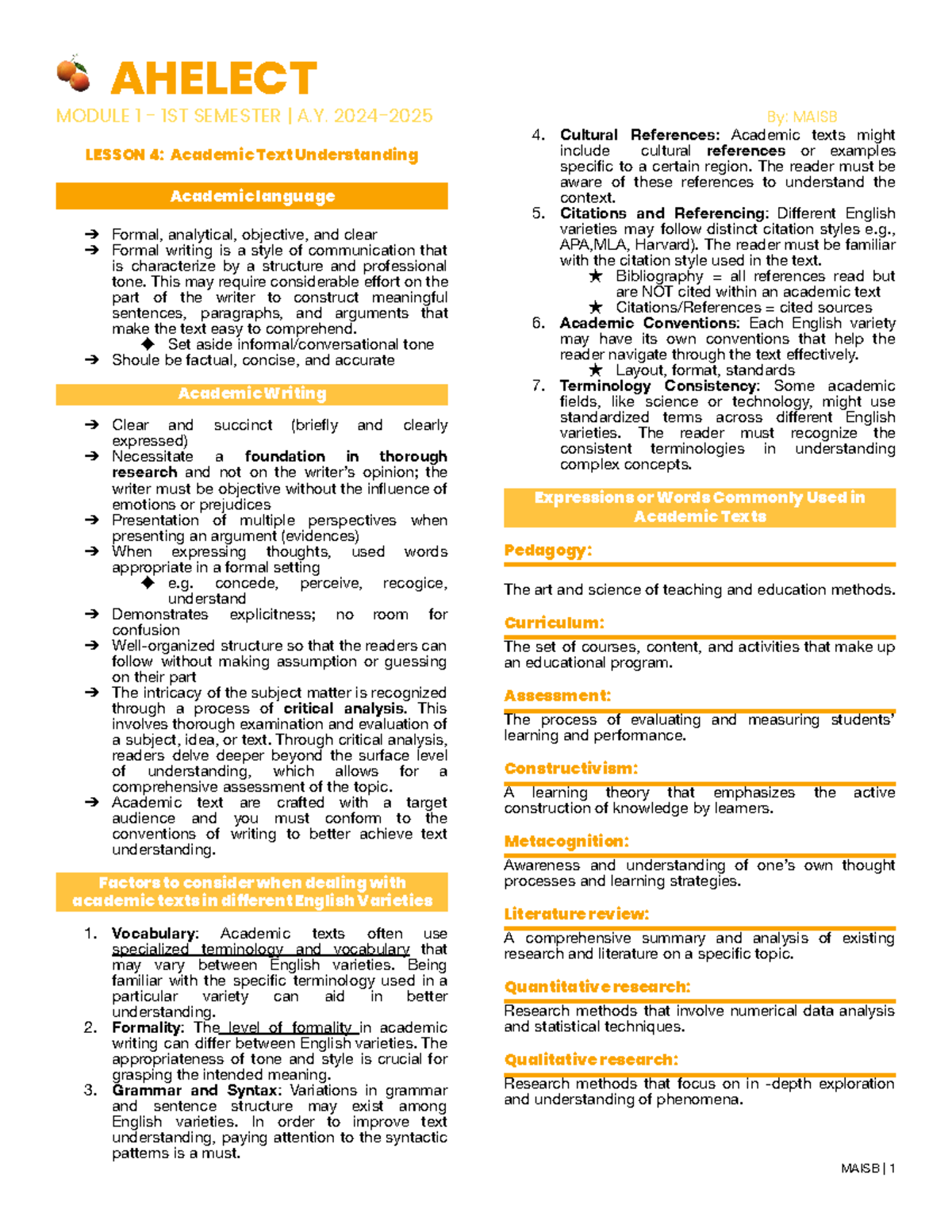Ahelect M1 Lesson 4&5 3 - Oral com reviewer - AHELECT MODULE 1 - 1ST SEMESTER | A. 2024-2025 By ...