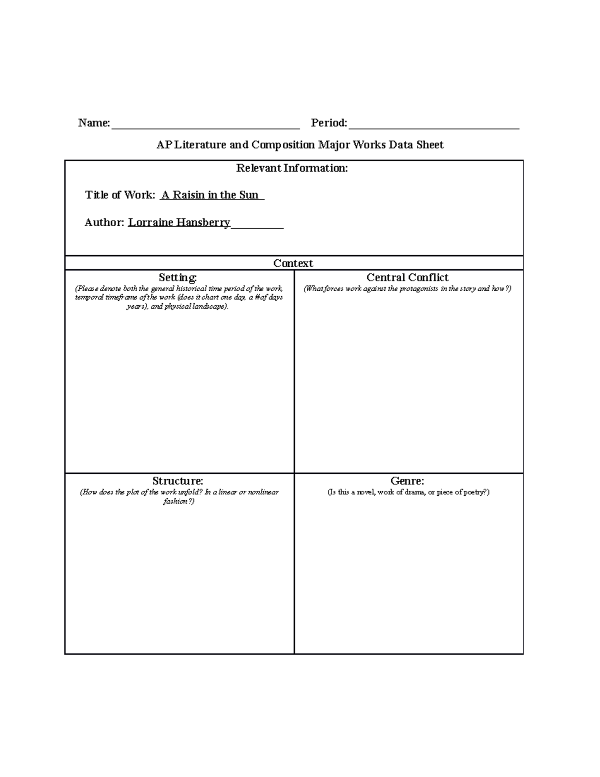 Major Works Data Sheet- A Raisin in the Sun - Name ...