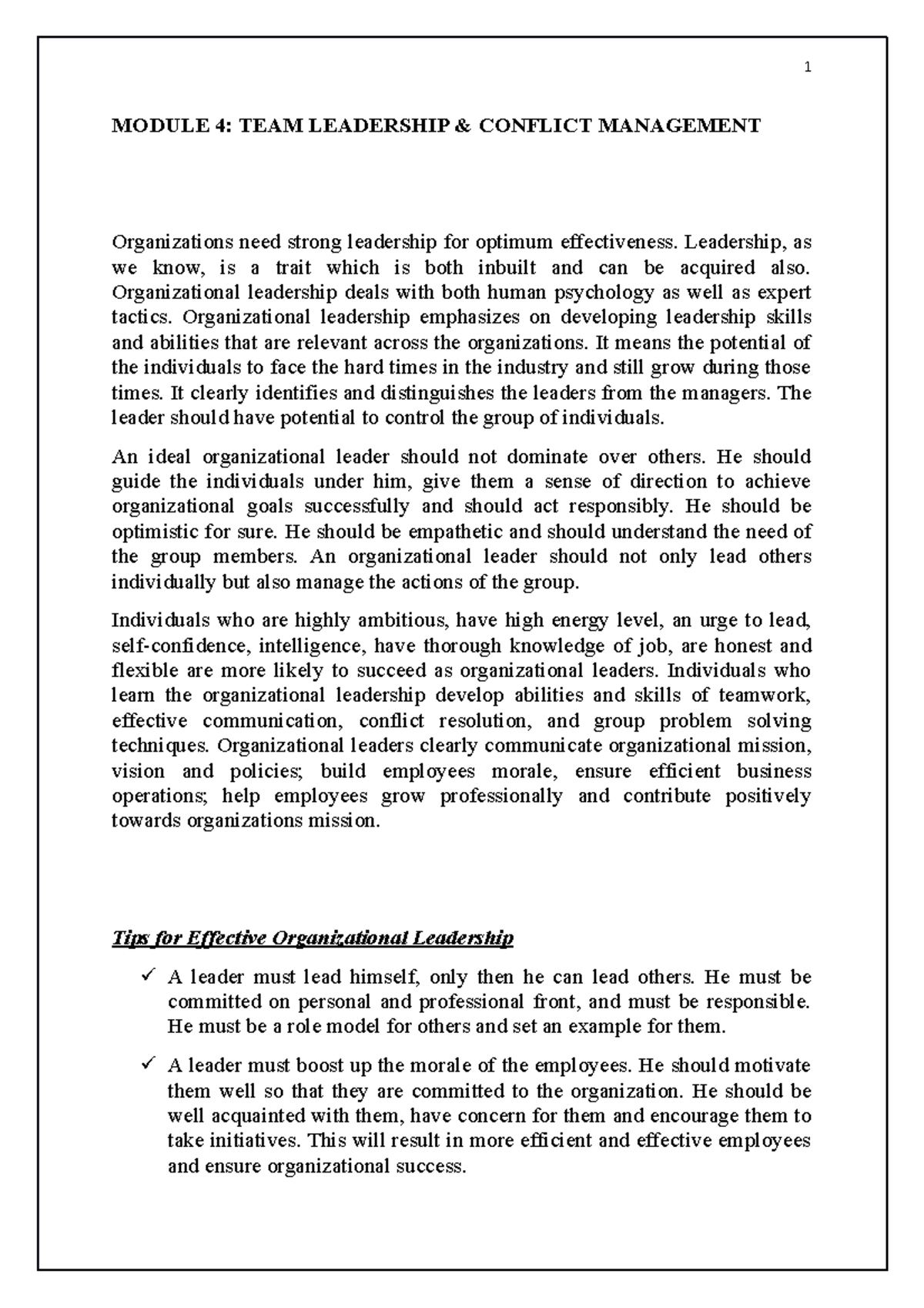 Module 4 - Important - MODULE 4: TEAM LEADERSHIP & CONFLICT MANAGEMENT ...
