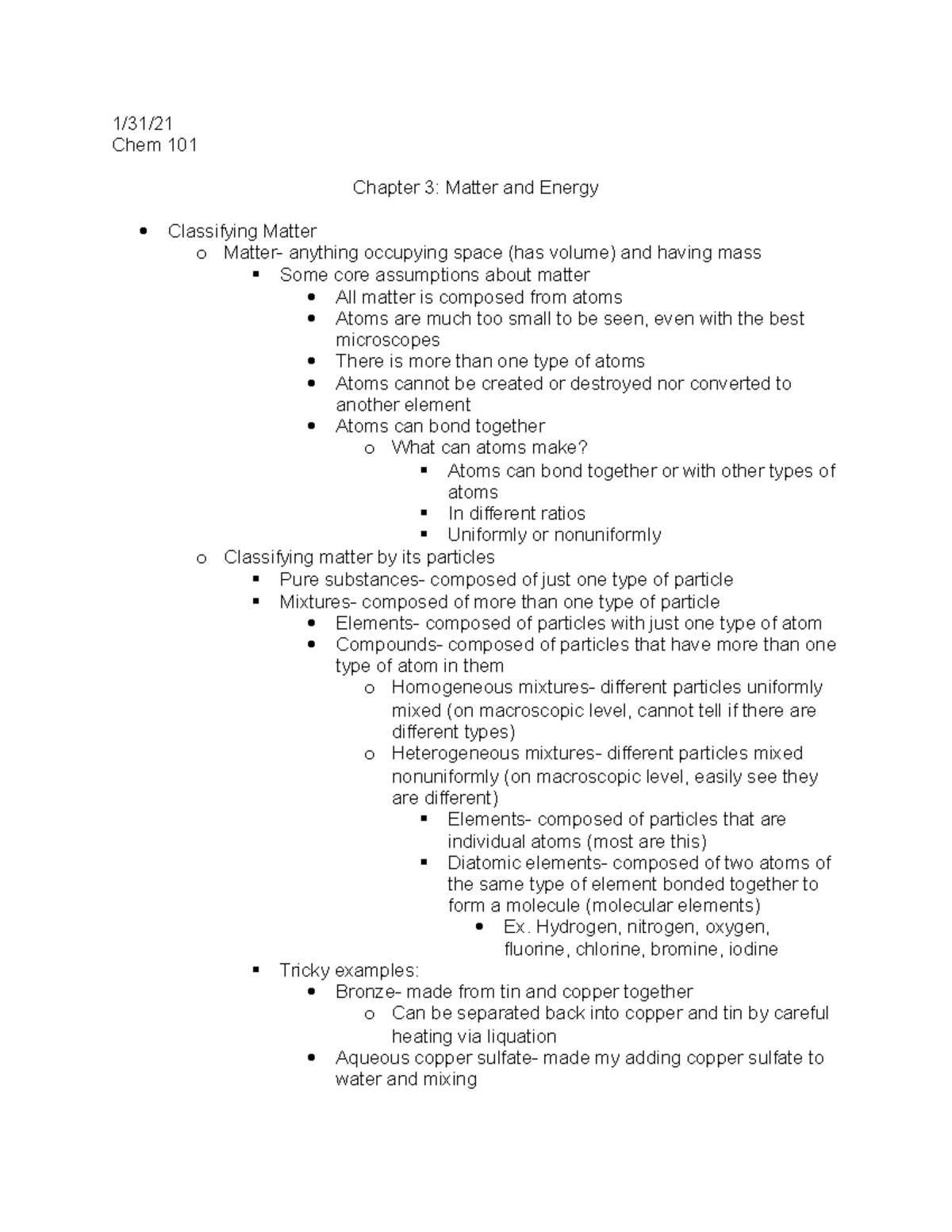 Chapter 3 Matter and Energy - 1/31/ Chem 101 Chapter 3: Matter and ...