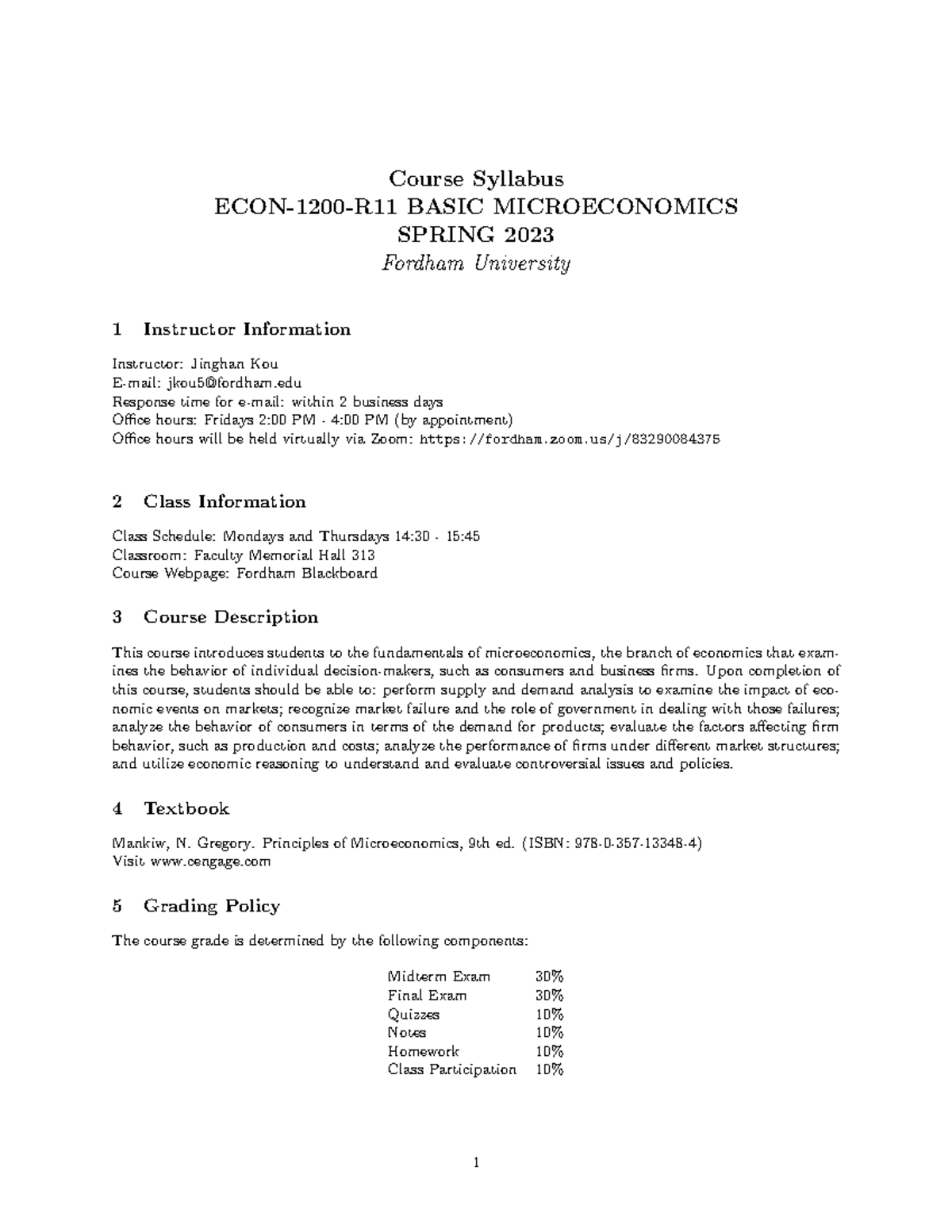 Syllabus ECON1200-R11 - Course Syllabus ECON-1200-R11 BASIC MICROECONOMICS SPRING 2023 Fordham ...