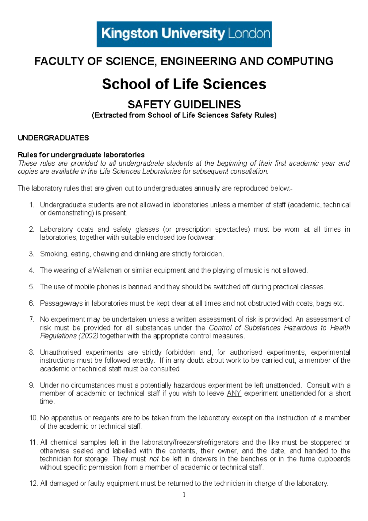Safety Declaration - N?A - FACULTY OF SCIENCE, ENGINEERING AND ...