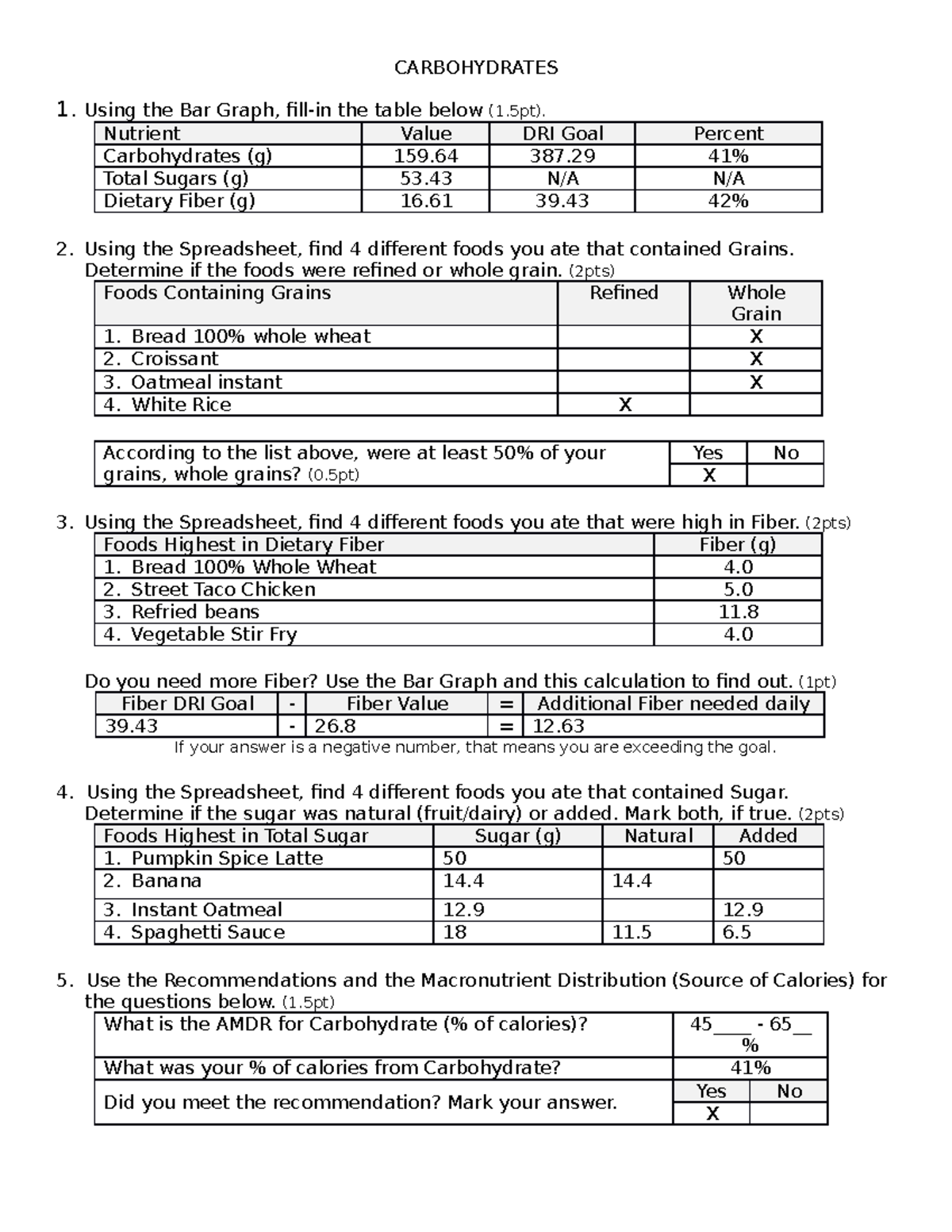 Final Report Nutrition - CARBOHYDRATES 1. Using the Bar Graph, fill-in ...