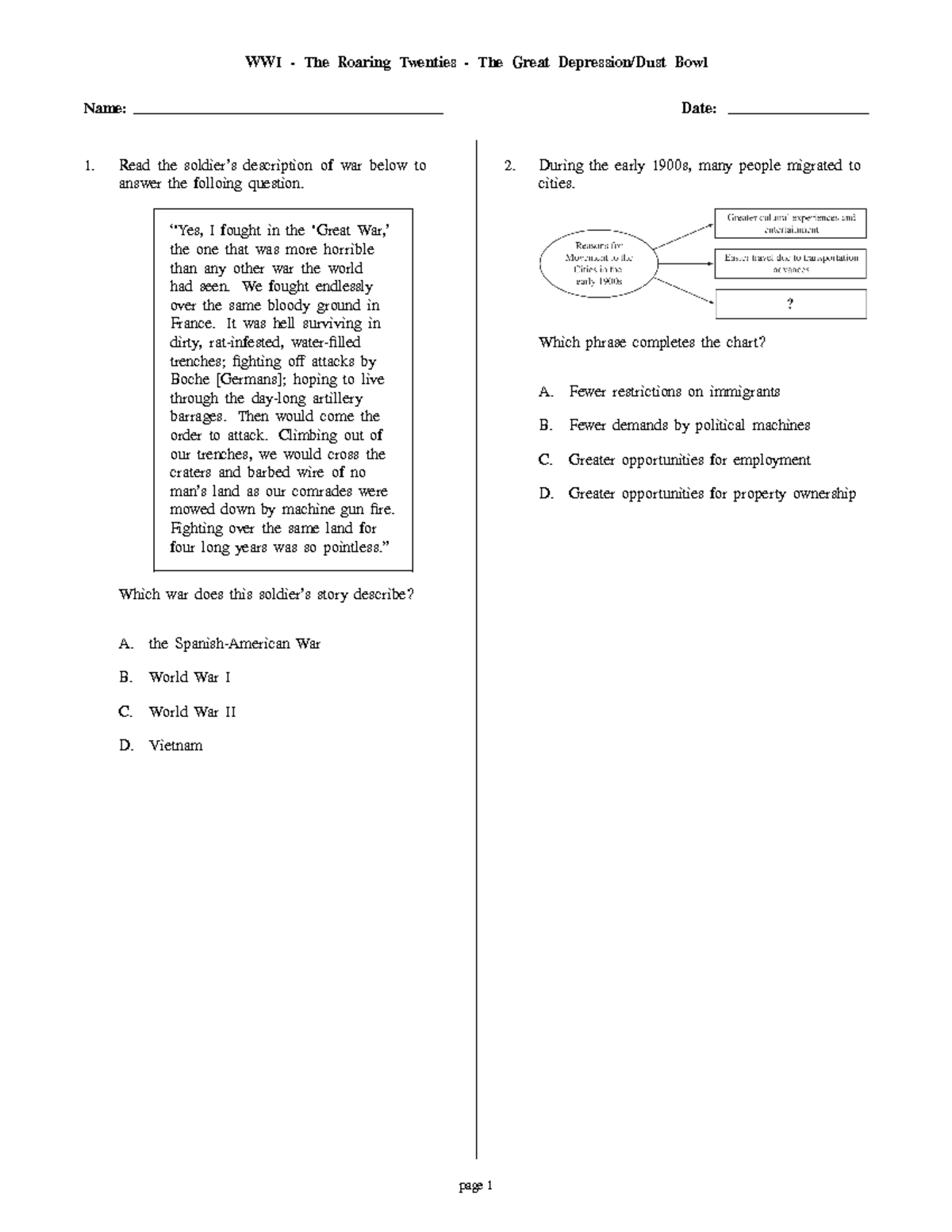Juphar Brooks - SS Quiz - WWI - The Roaring Twenties - The Great ...
