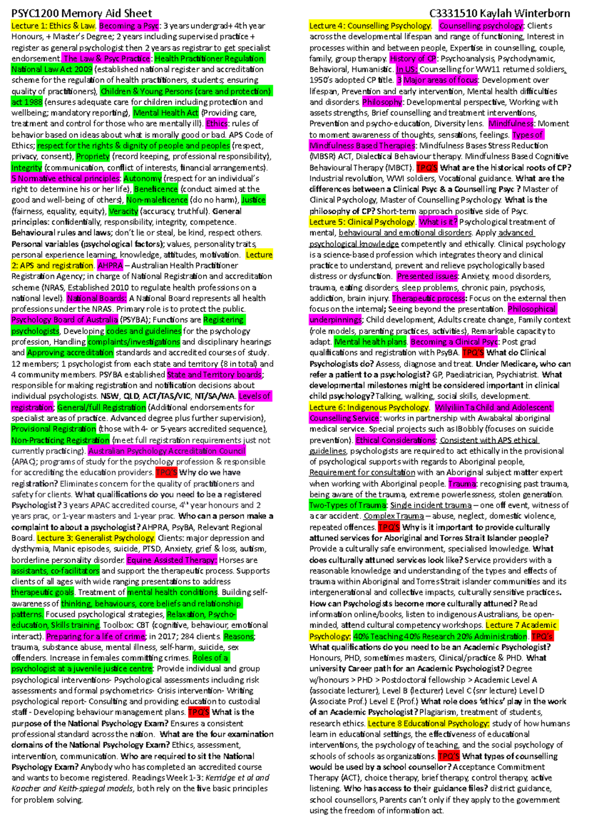 Cheat sheet - Summary Pre-professional Psychology I - PSYC1200 Memory ...