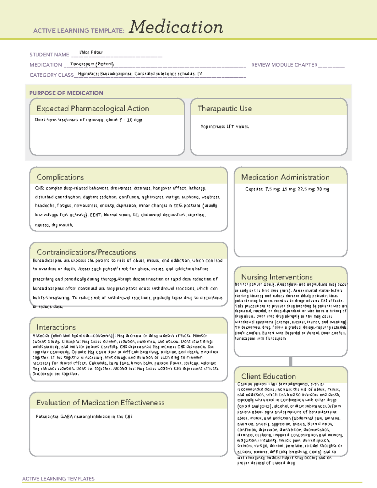 Temazepam - Medication Card - ACTIVE LEARNING TEMPLATES Medication ...