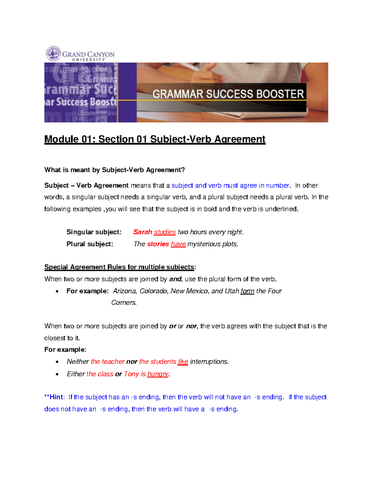 English Tutorial - Module 01: Section 01 Subject-Verb Agreement What is ...