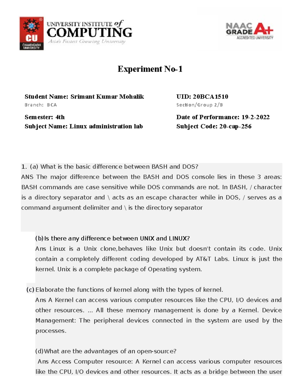 Linux worksheet 1 (Linux Administration 20BCA) - Experiment No- Student ...