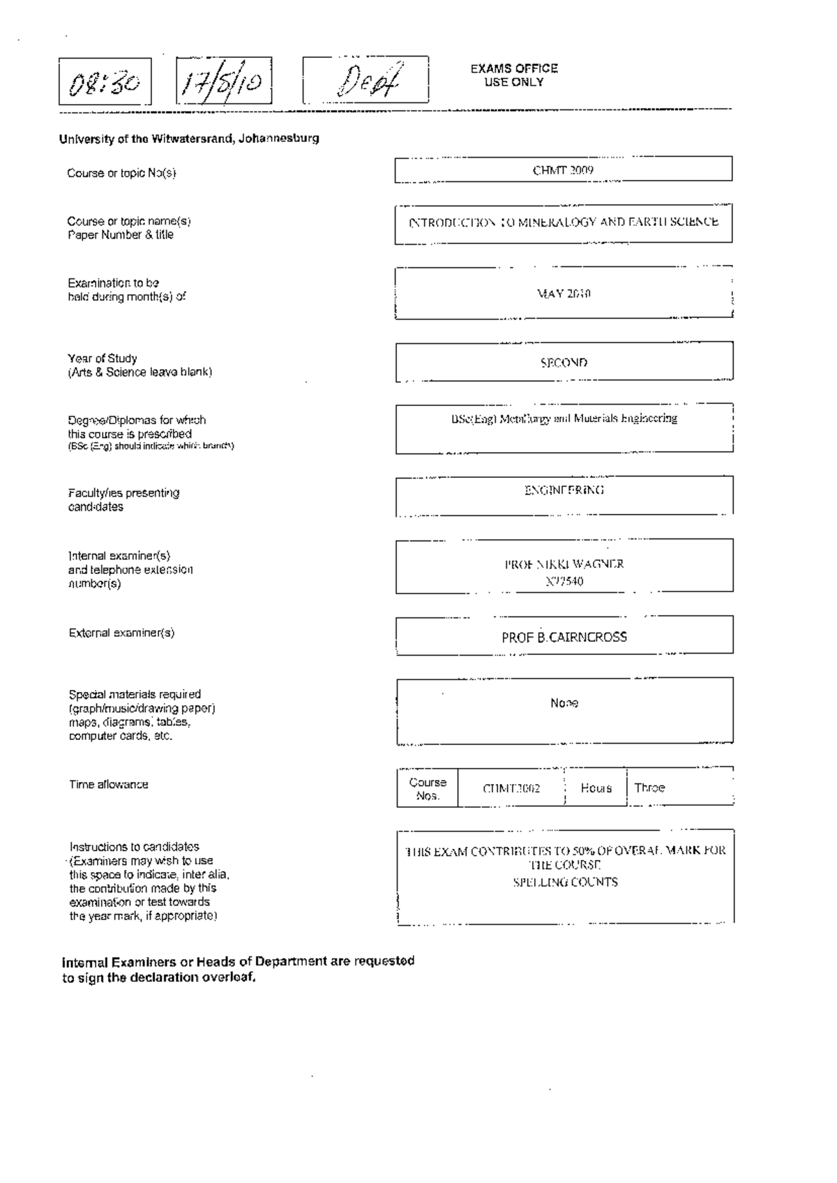 CHMT2009 - Past paper for revision - Dept EXAMS OFFICE 08:30 USE ONLY ...