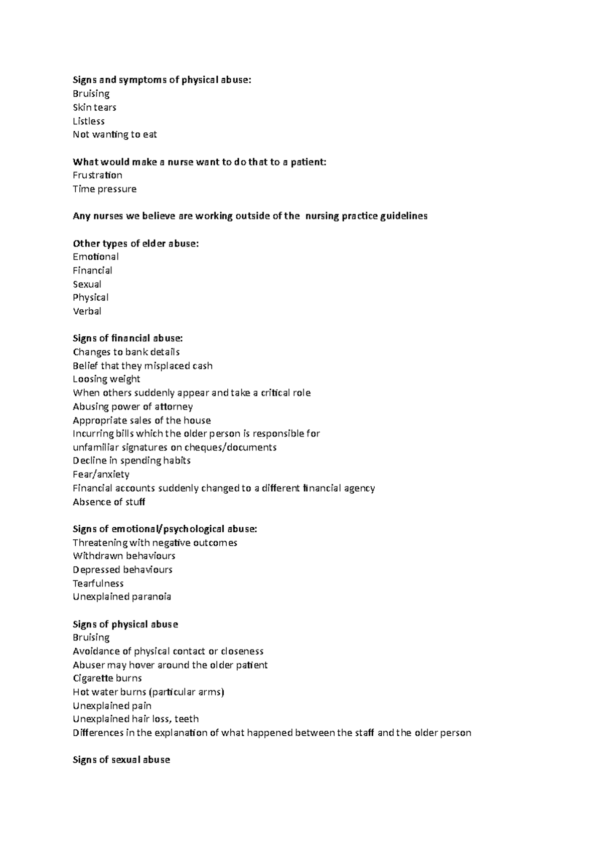 Week 7 seminar notes - Signs and symptoms of physical abuse: Bruising ...