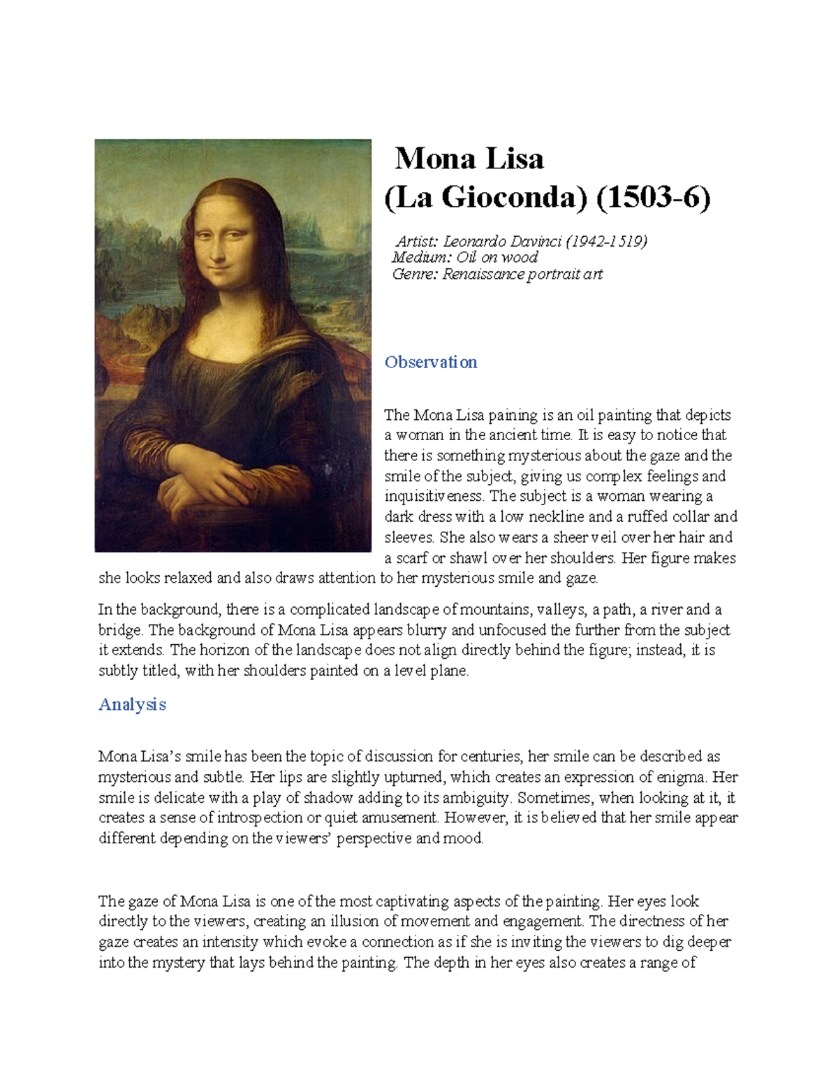 Mona Lisa - Assignment 1 - Mona Lisa (La Gioconda) (1503-6) Artist ...