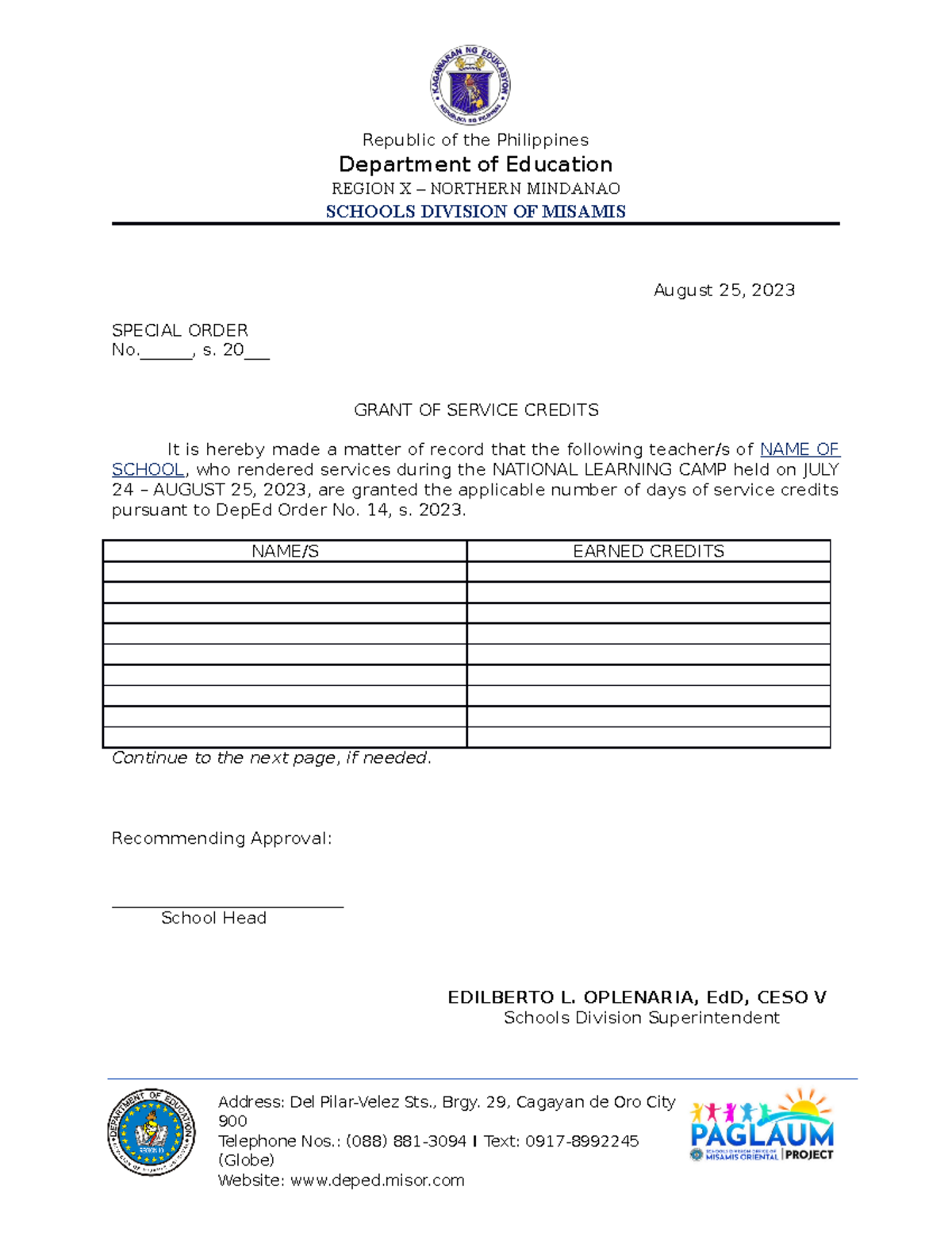 NLC Template FOR Service Credits - Republic of the Philippines ...