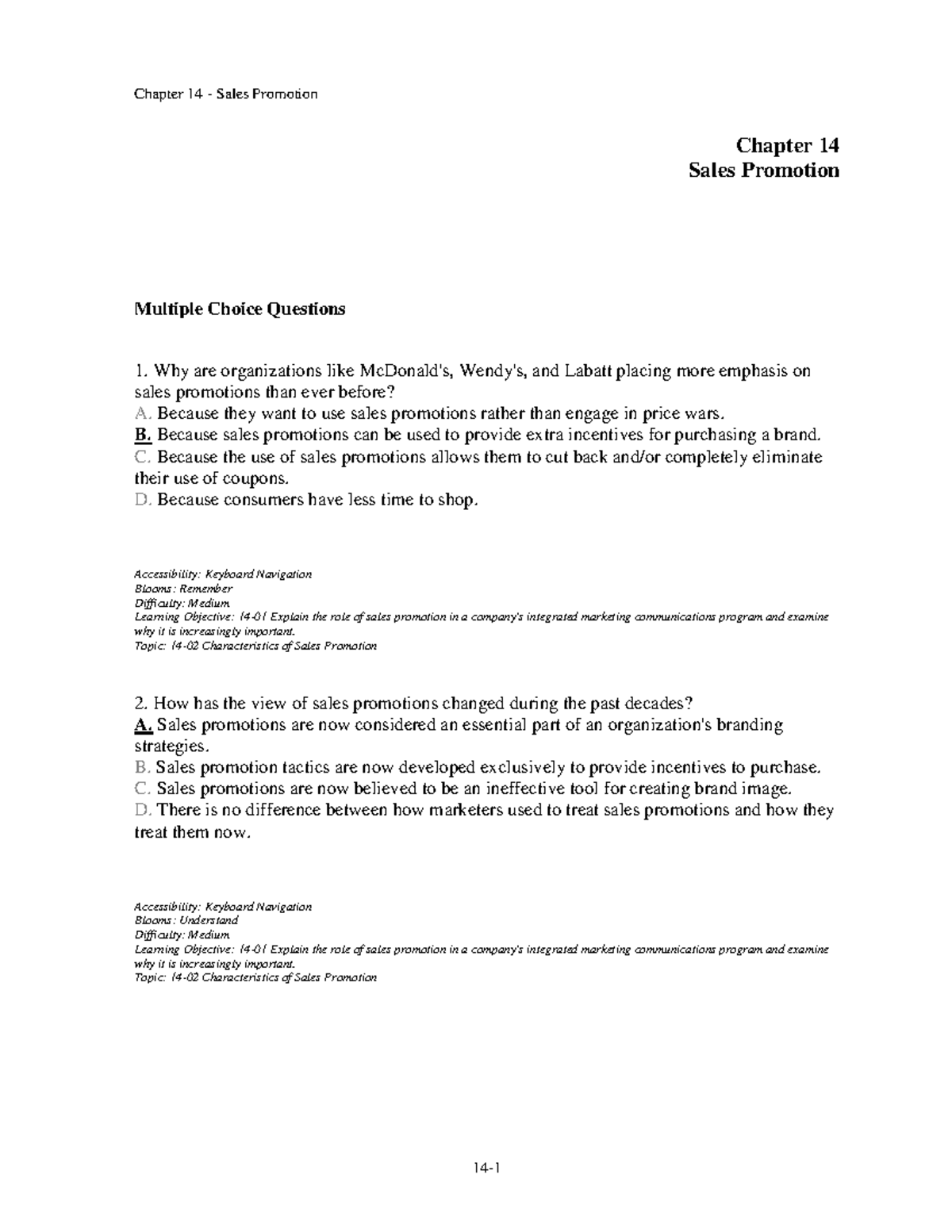Advertising Final - Chapter 14 Sales Promotion Multiple Choice ...