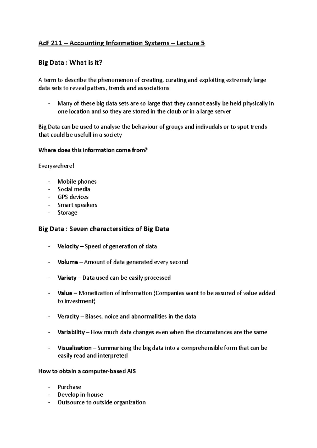 Session 5 - Big Data - ggggg - AcF 211 – Accounting Information Systems – Lecture 5 Big Data ...