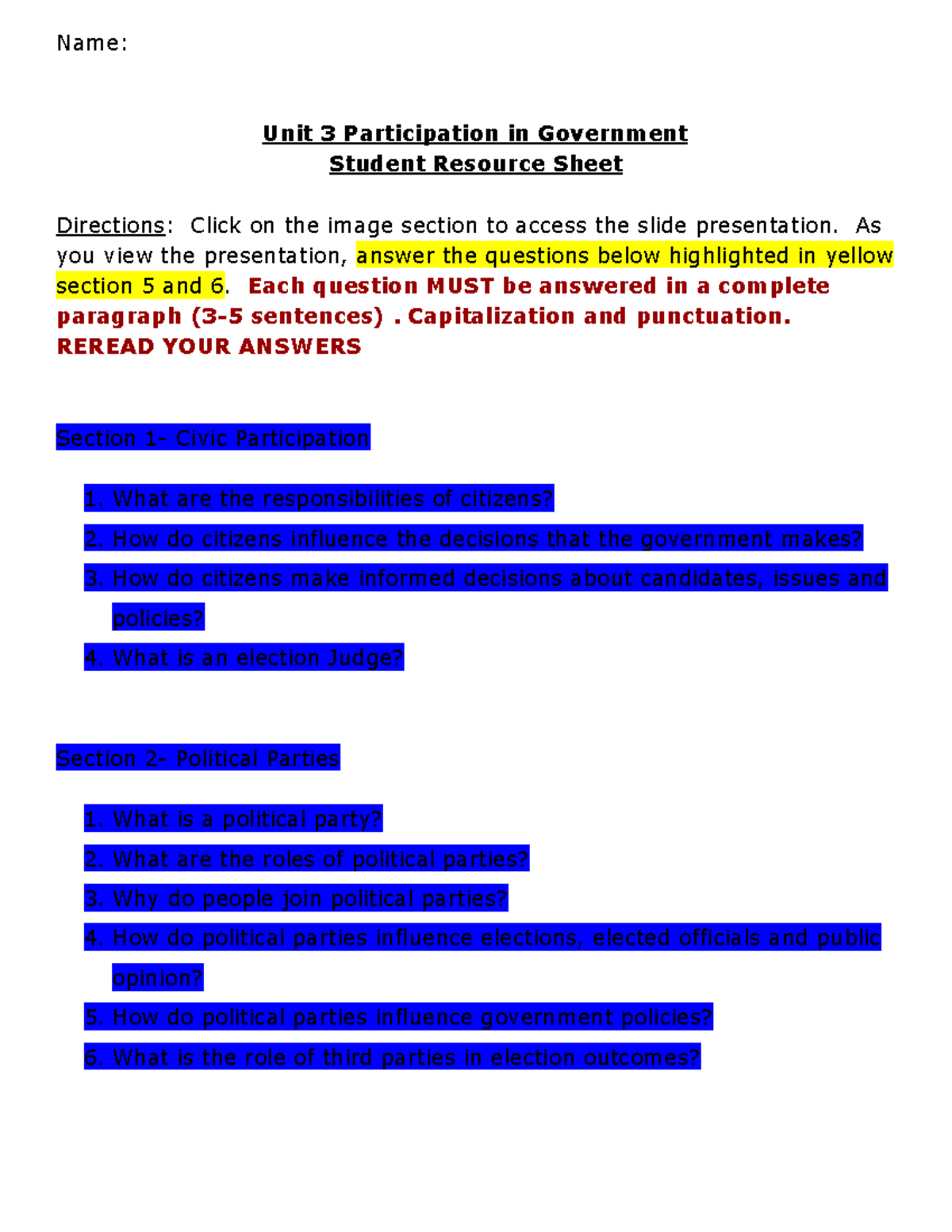 - Students Unit 3 Participation in Government SRS - Name: Unit 3 Participation in Government ...