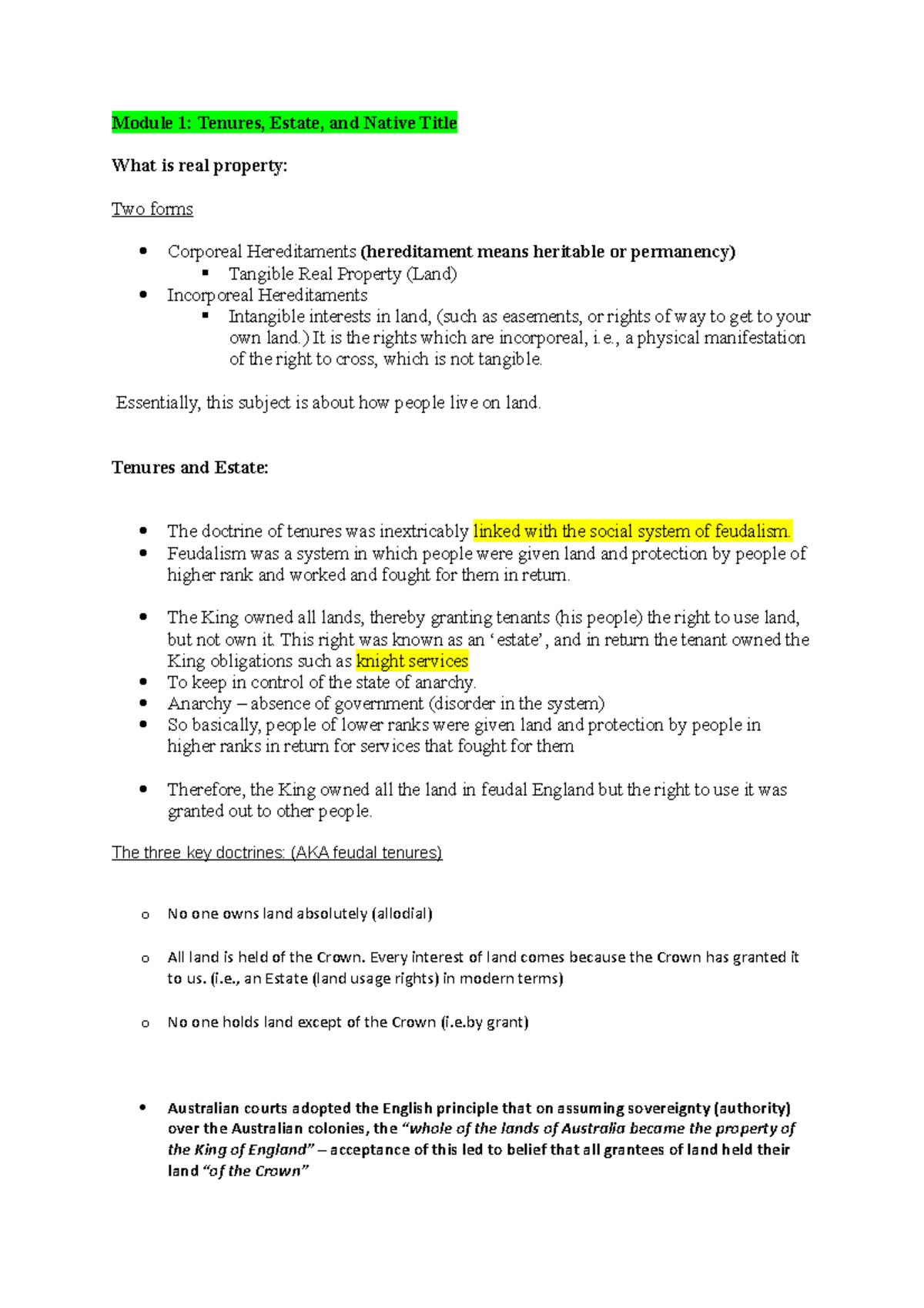 Real Property notes - Module 1: Tenures, Estate, and Native Title What ...