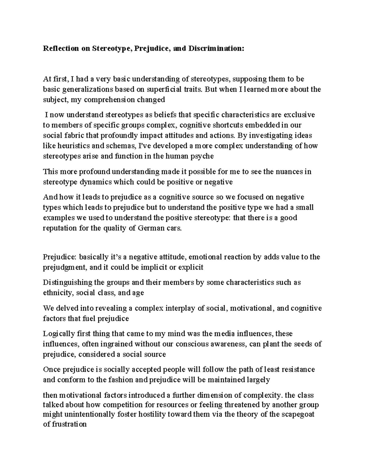 Reflection assingment - Reflection on Stereotype, Prejudice, and ...