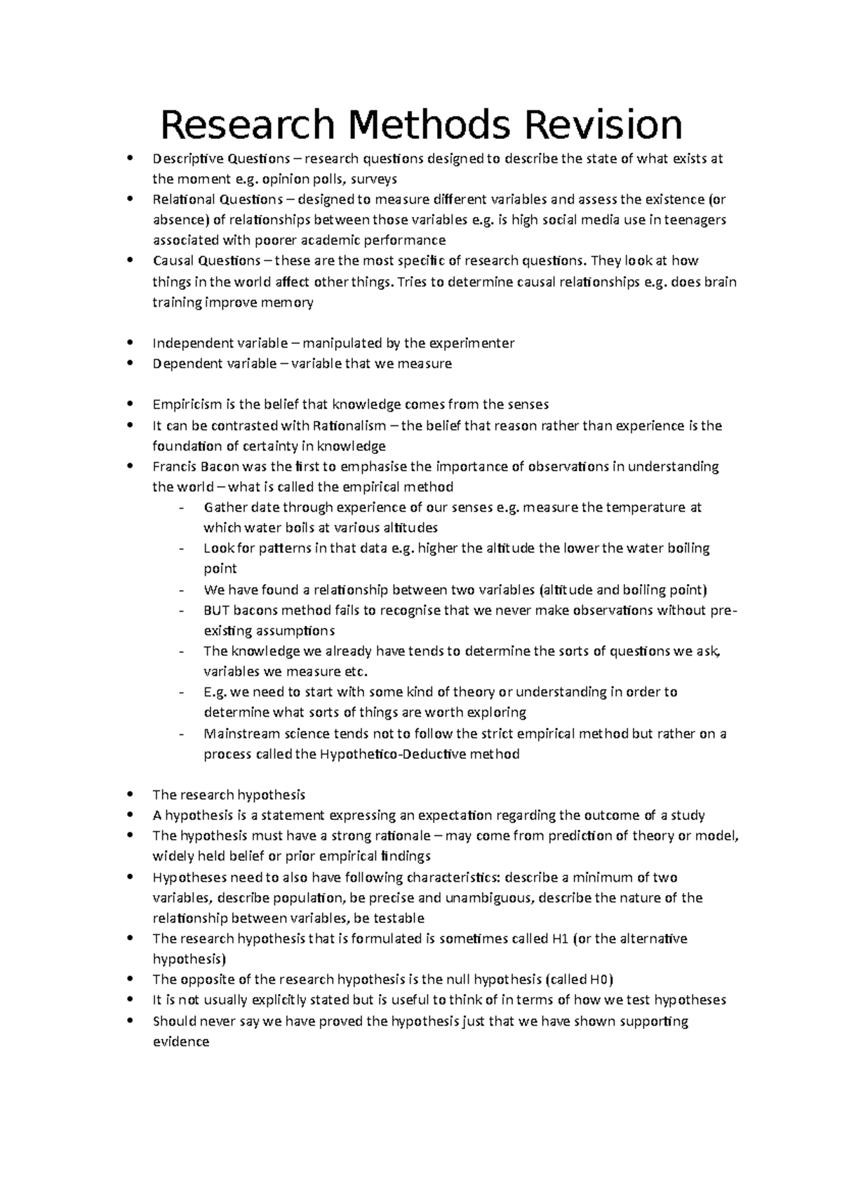 Research Methods Revision Notes - Research Methods Revision Descriptive ...