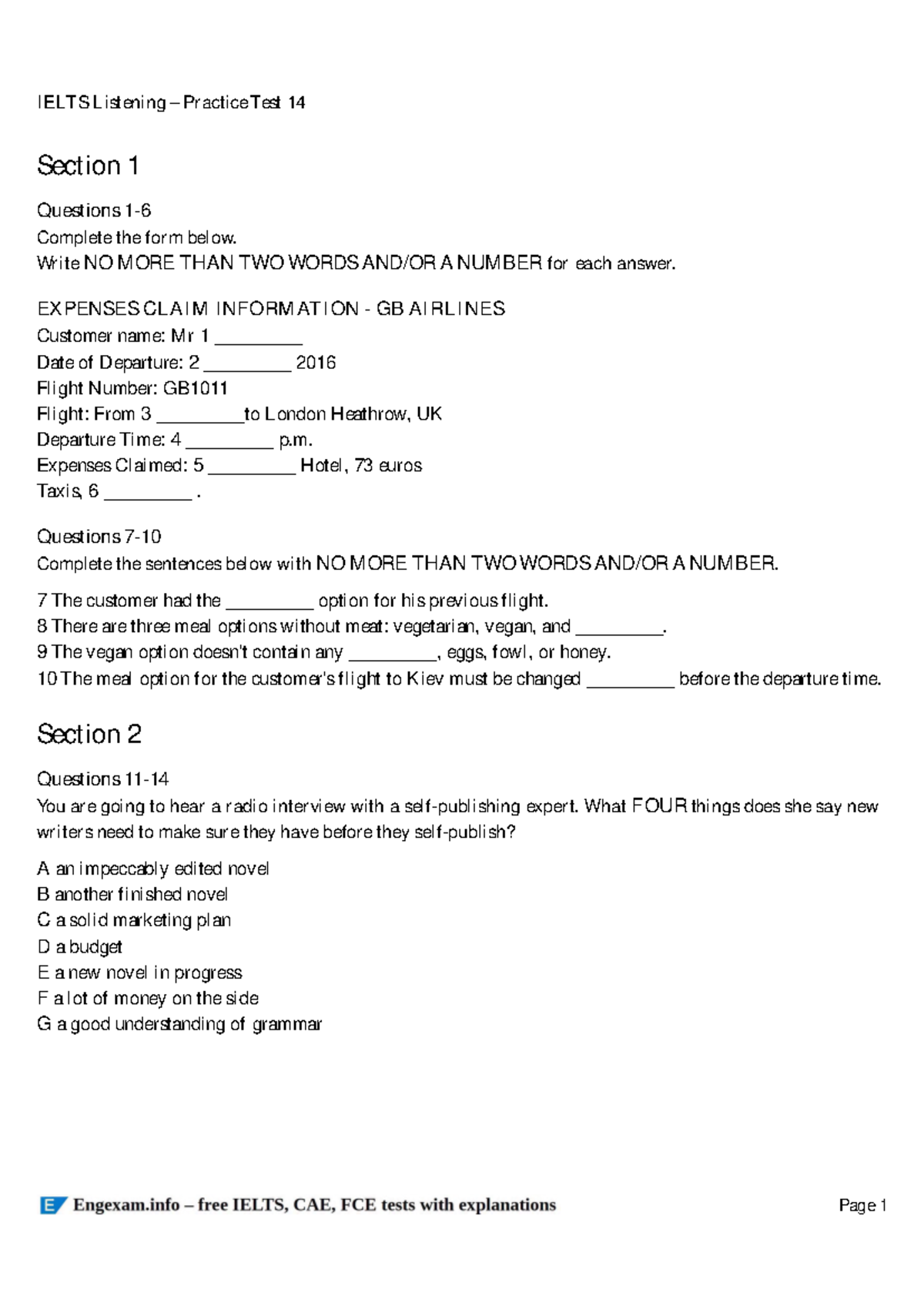Ielts Listening Practice Test 14 Printable - Section 1 Questions 1 ...