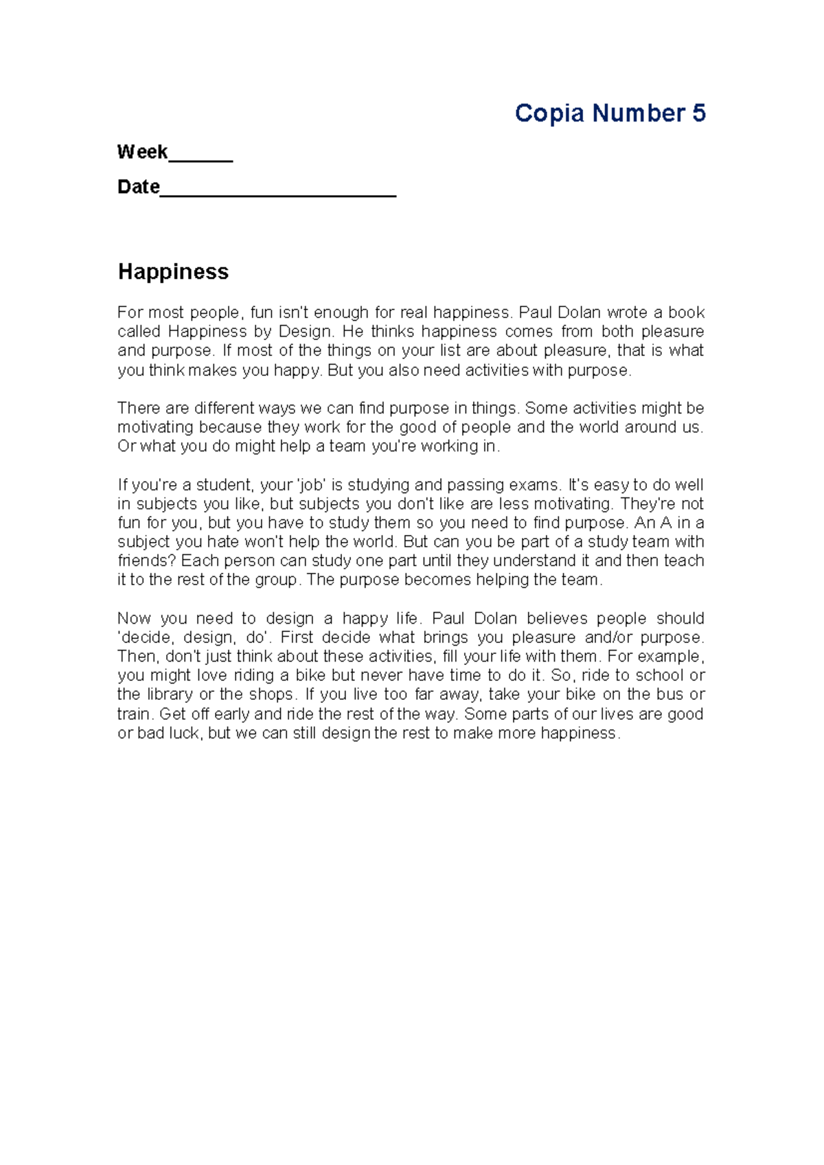 Copia Number 5 - love and practice - Copia Number 5 Week______ Date