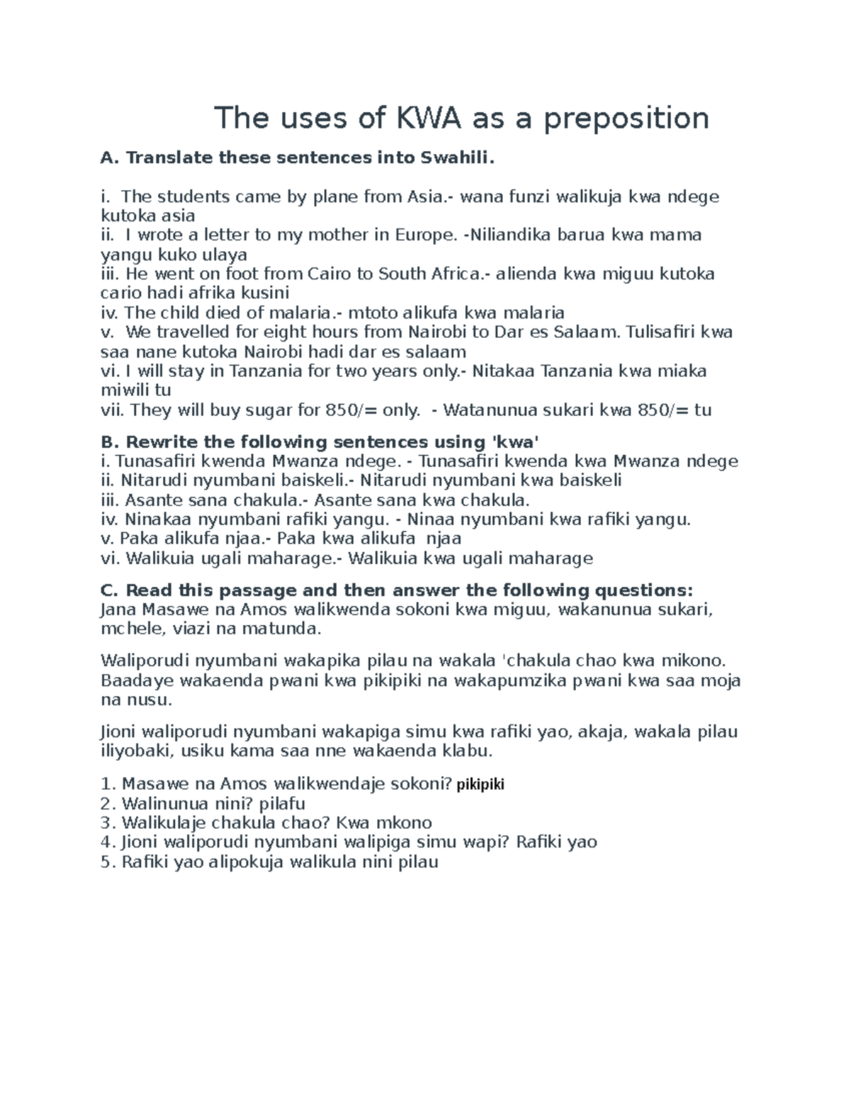 The uses of KWA as a preposition - Translate these sentences into ...