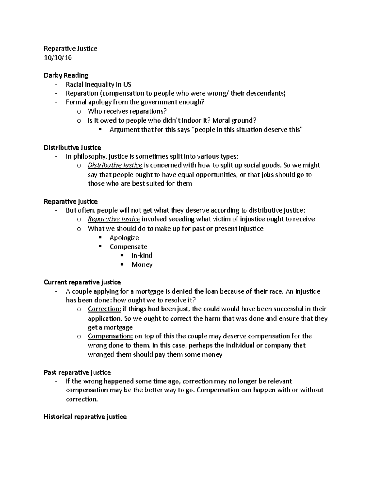 Reparative Justice - Lecture notes 10 - Reparative Justice 10/10/ Darby ...