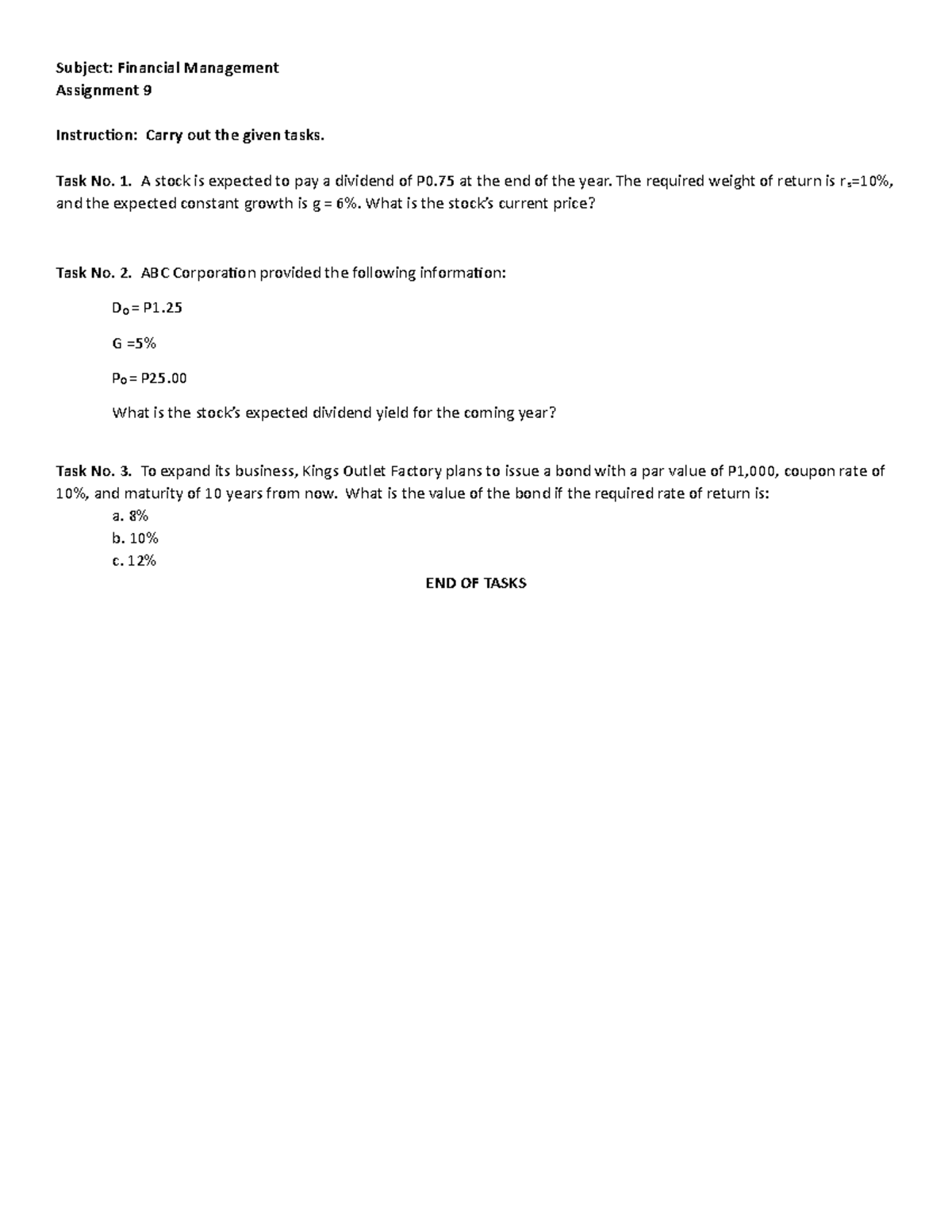 Assignment 9 - For practice problem only - Subject: Financial ...