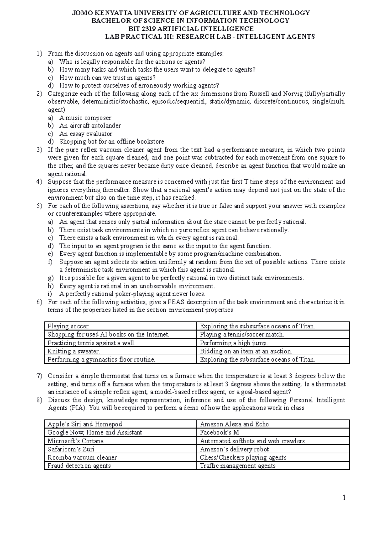 BIT 2319 Lab Practical III Intelligent Agents - JOMO KENYATTA UNIVERSITY OF AGRICULTURE AND ...