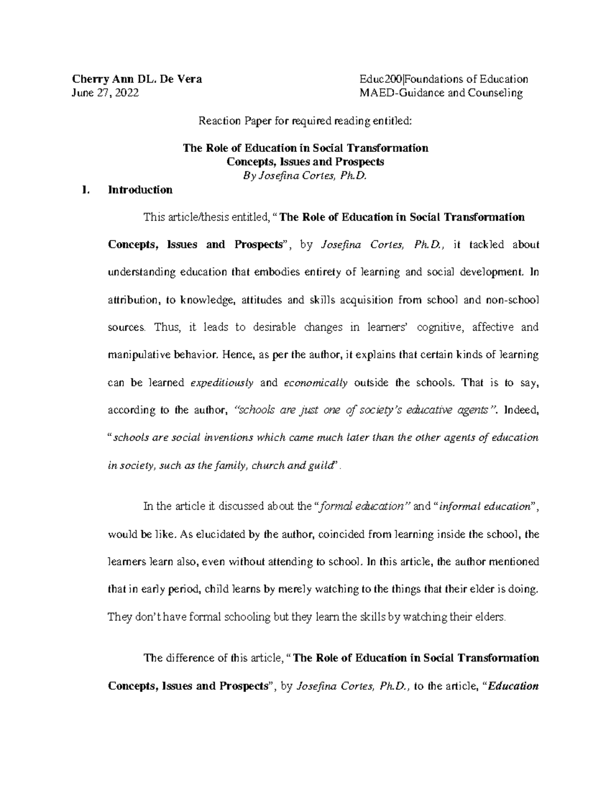 The Role of Education in Social Transformation 2nd Reaction Paper ...