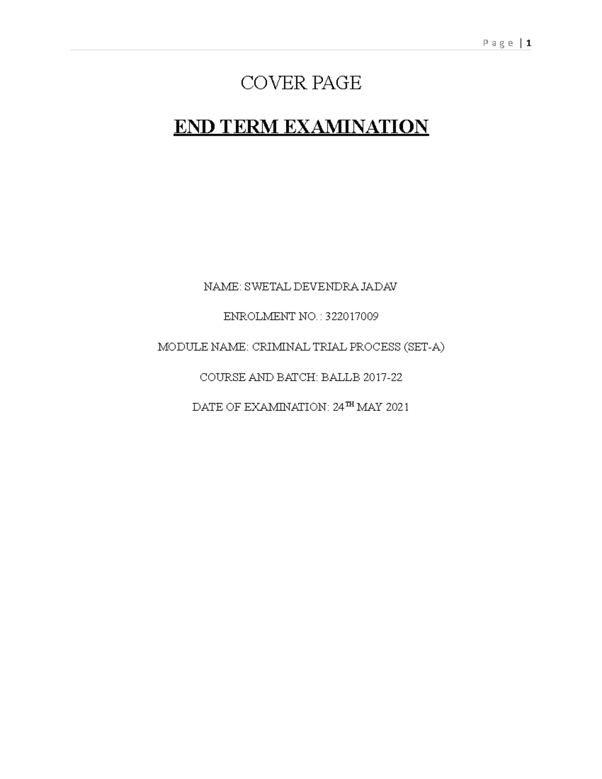 Answer BOOK CTP - noted - COVER PAGE END TERM EXAMINATION NAME: SWETAL ...