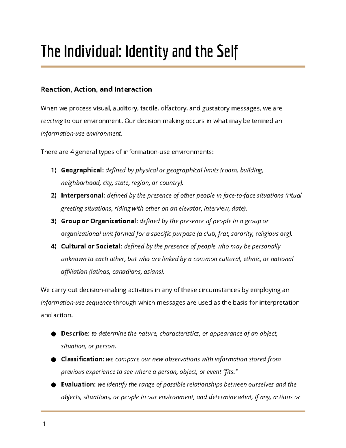 Chatper 8 - Lecture notes 8 - The Individual: Identity and the Self ...