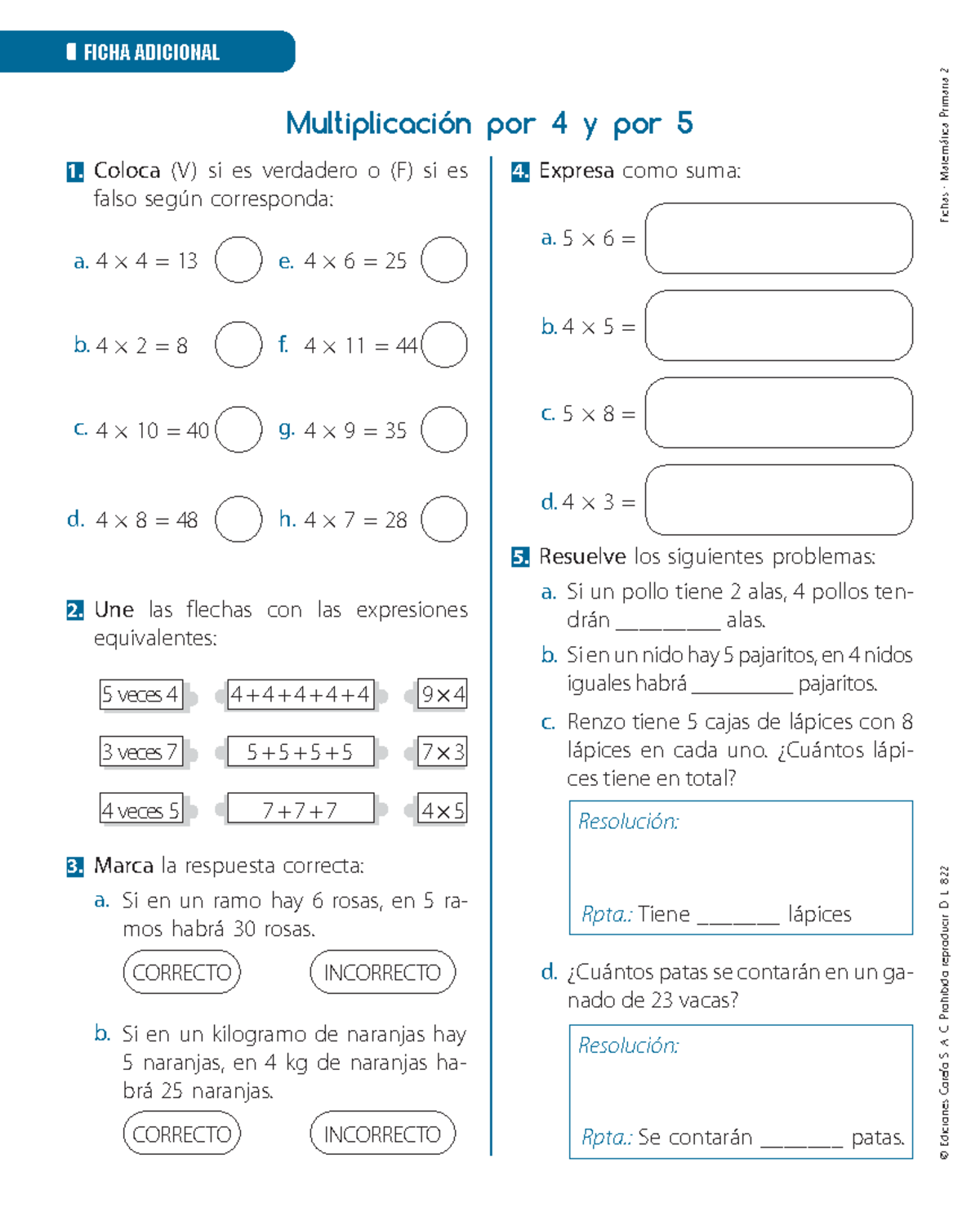 FA Multiplicación por 4 y 5 - Fichas - Matemática Primaria 2 © Ediciones Corefo S. A. C ...