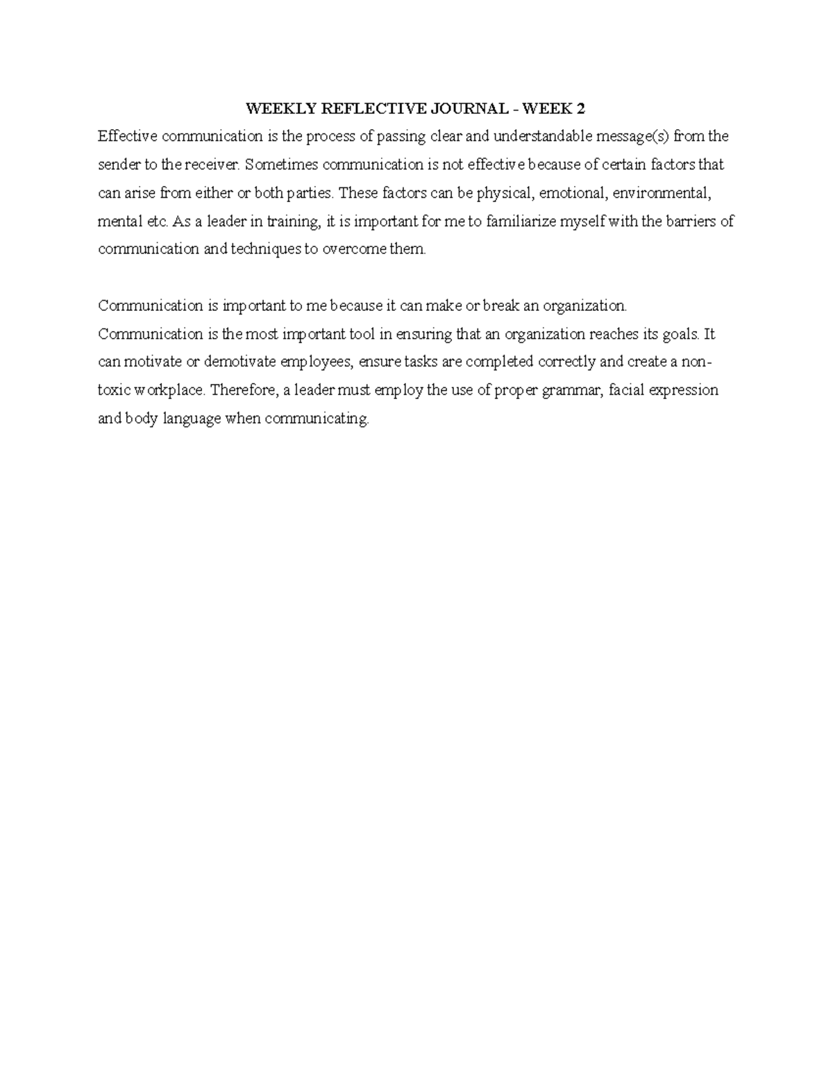 Weekly Reflective Journal - WEEK 2 - WEEKLY REFLECTIVE JOURNAL - WEEK 2 ...