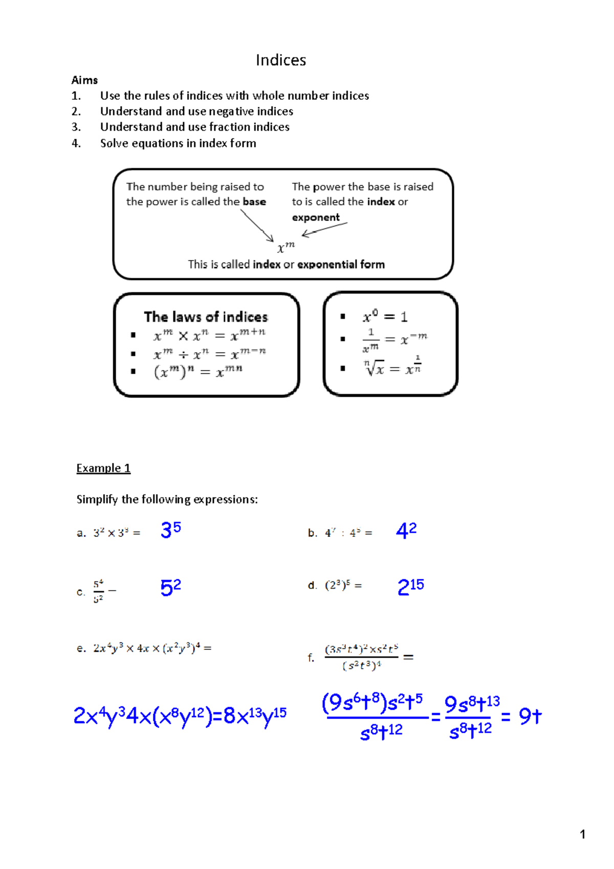 05 Indices and Surds Notes with answers - Indices Aims 1. Use the rules ...