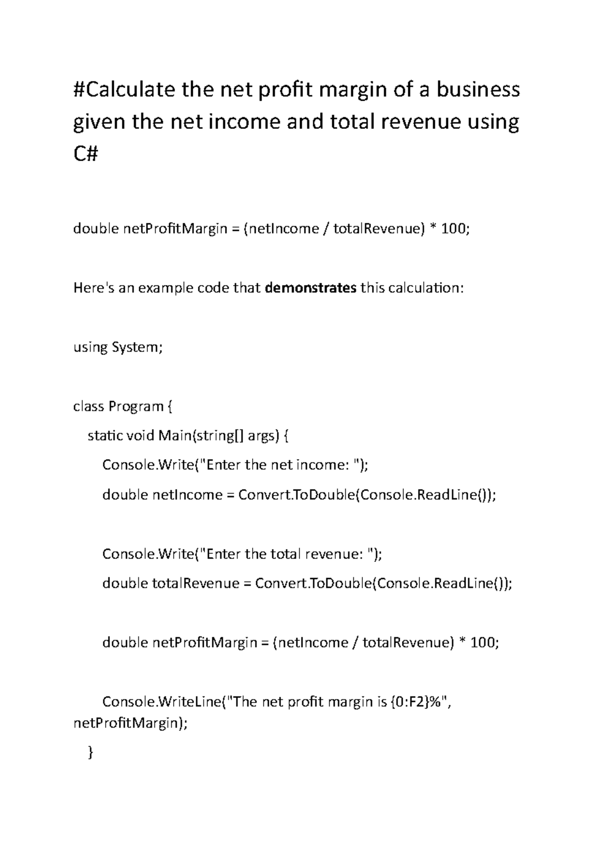 Net income and total revenue - C# - #Calculate the net profit margin of ...