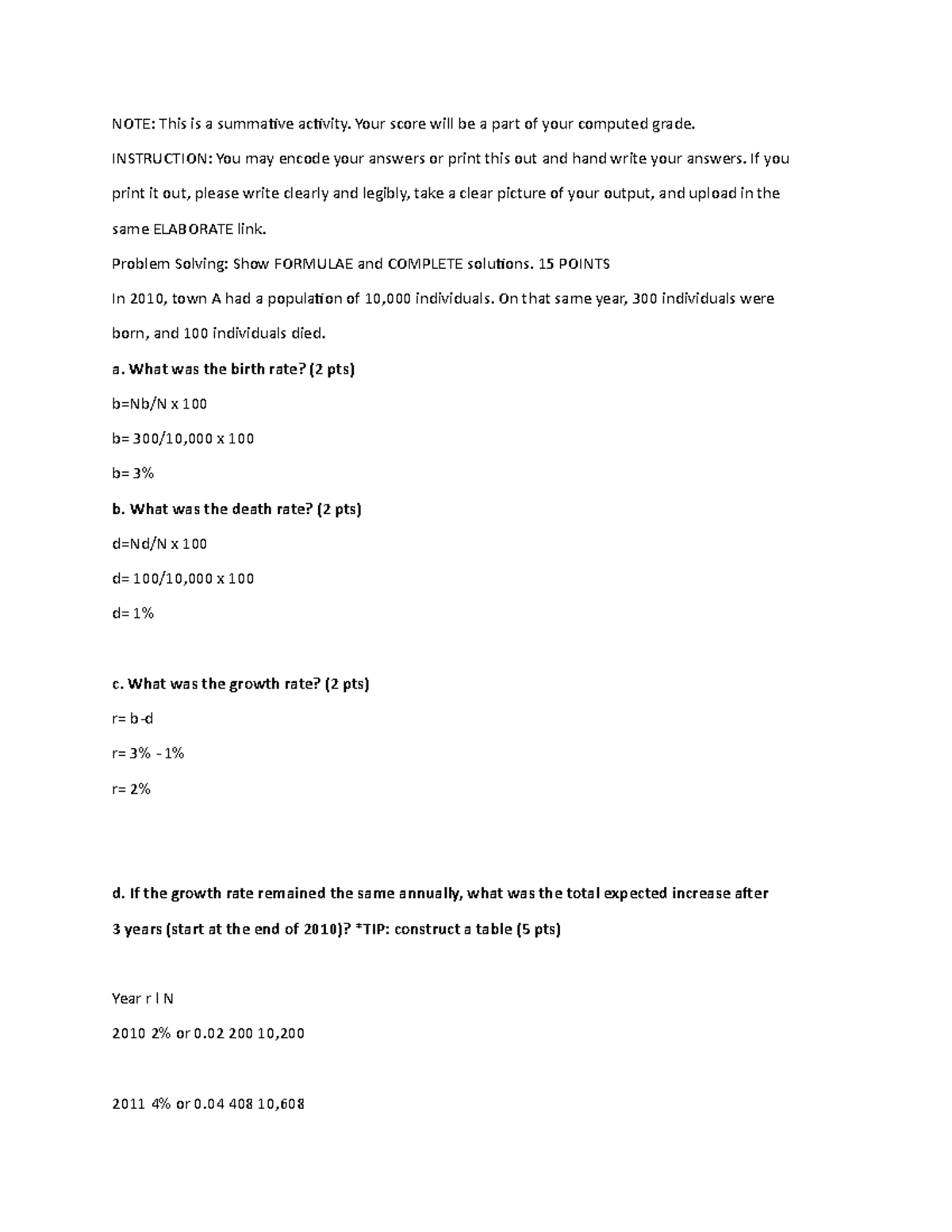 Population Problem - NOTE: This is a summative activity. Your score ...