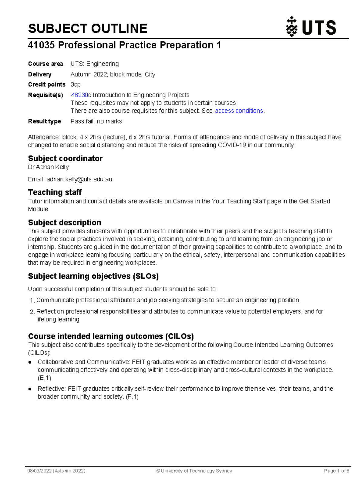 PPP1 - Subject outline - SUBJECT OUTLINE 41035 Professional Practice ...