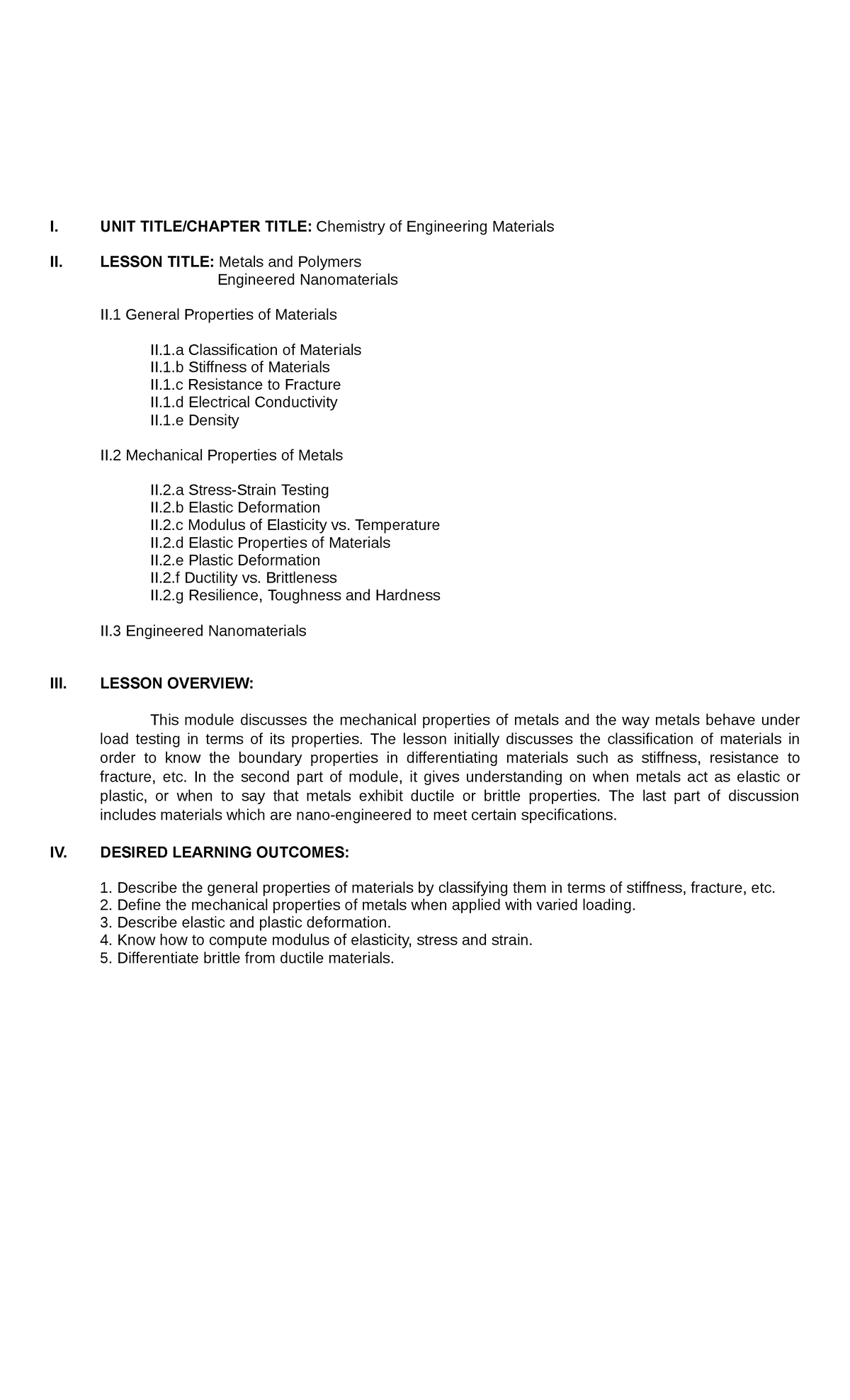 Chemistryfor Engineers Module 4 Week6 8 - I. UNIT TITLE/CHAPTER TITLE ...