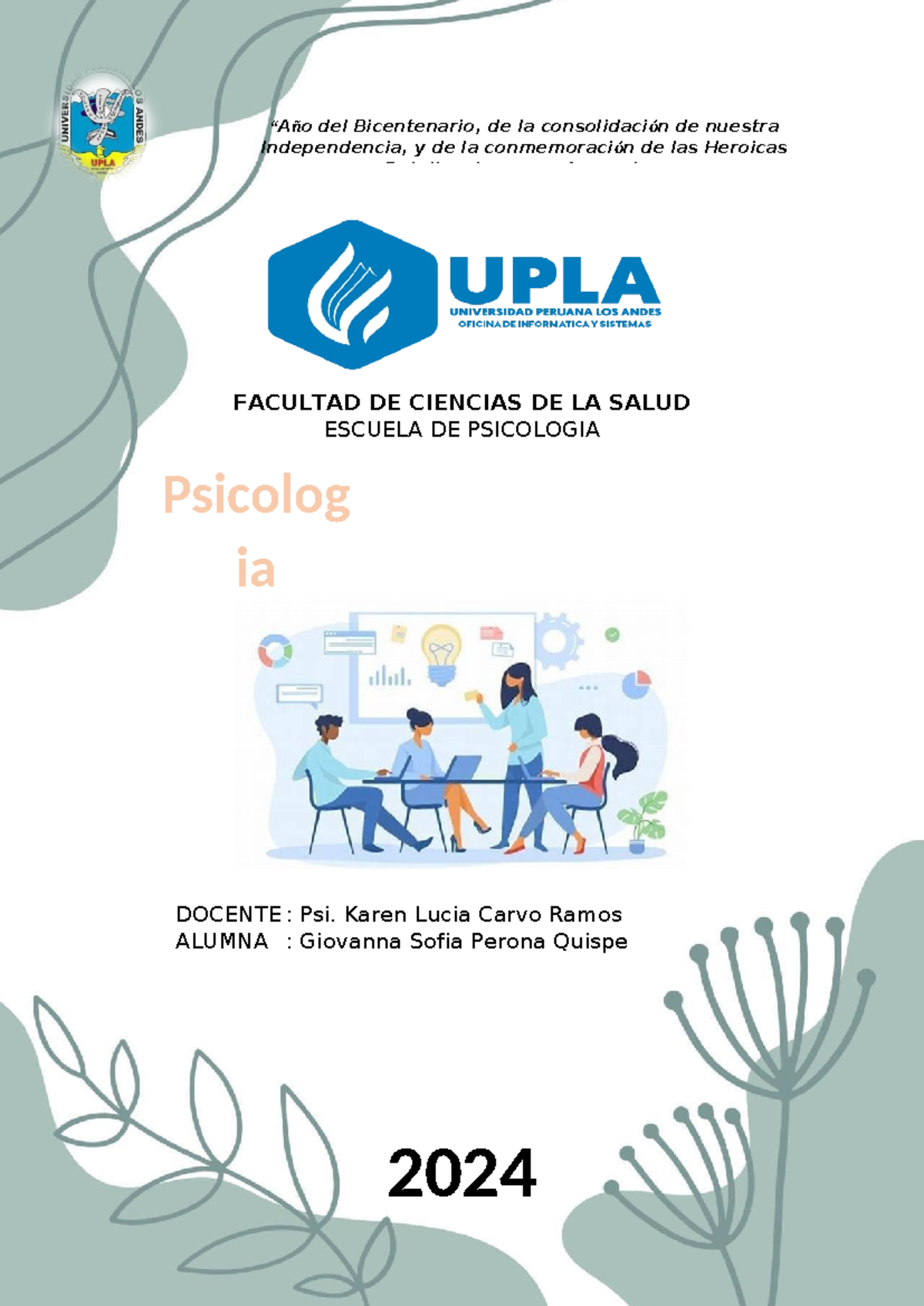 Caratula UPLA - Psicología General - “Año del Bicentenario, de la consolidación de nuestra - Studocu