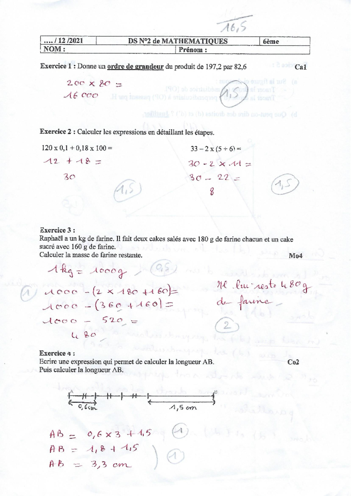 Correction DS N°2 - 16 DS de MATHEMATIQUES 6ème NOM : Prénom : Exercice 1 : Donne un ordre de ...