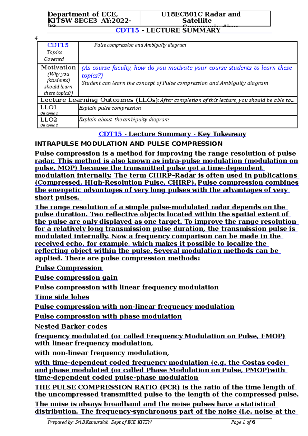 Pulse compression and Ambiguity diagram - .. LLO On topic 1 Explain pulse compression LLO On ...