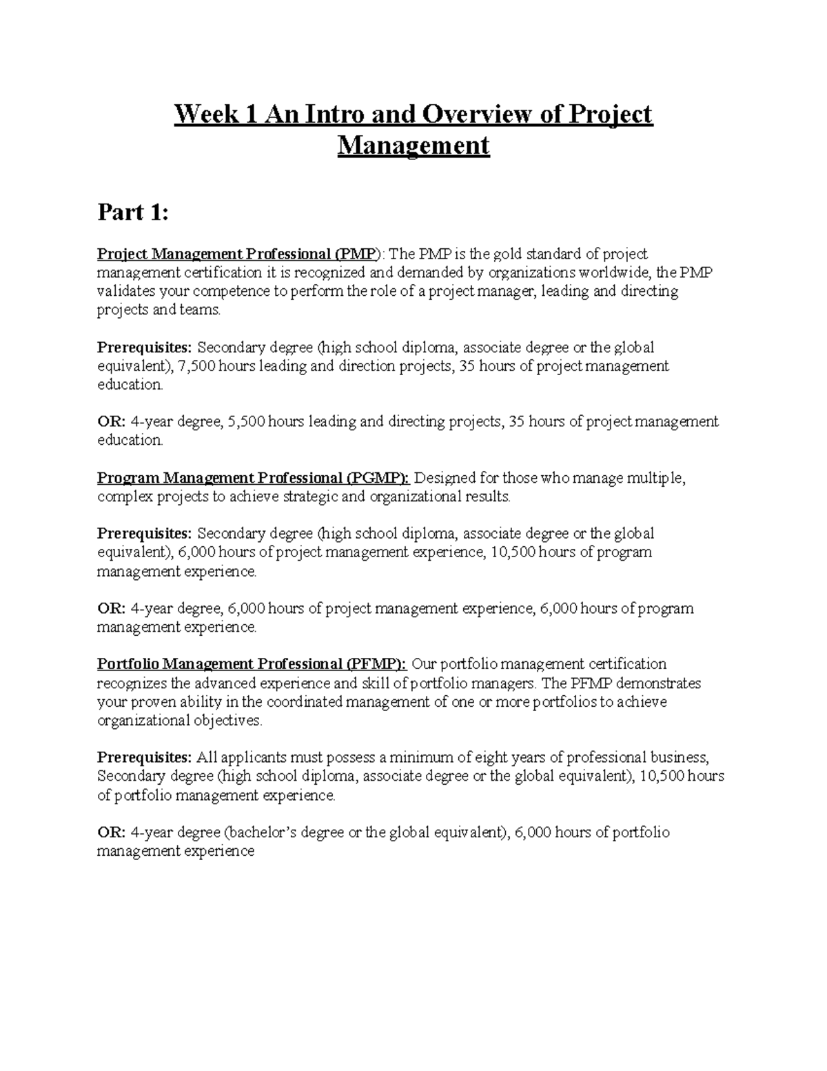 Week 1 Project Management Assignment - Week 1 An Intro and Overview of ...