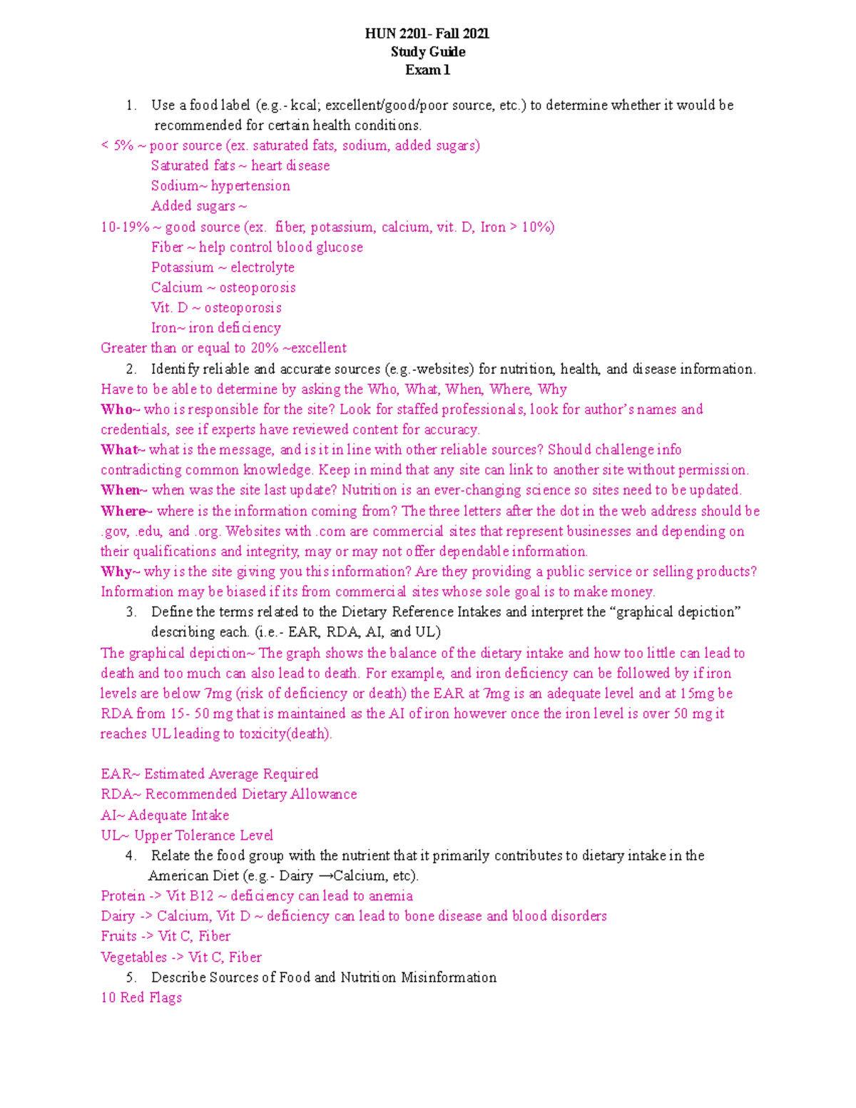 HUN 2201 Study Guide Exam 1 FALL 21 - HUN 2201- Fall 2021 Study Guide ...