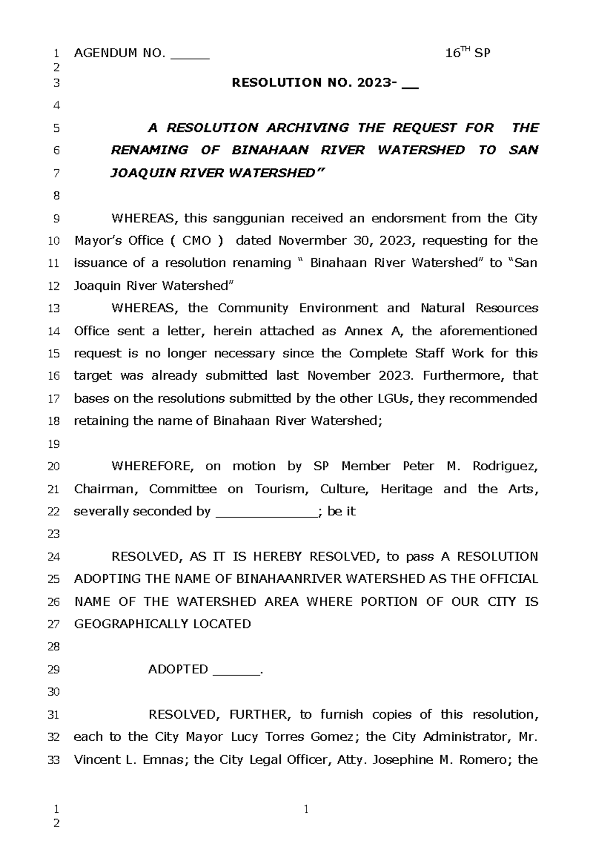 Archive Binahaan - AGENDUM NO. _____ 16 TH SP RESOLUTION NO. 202 3 ...